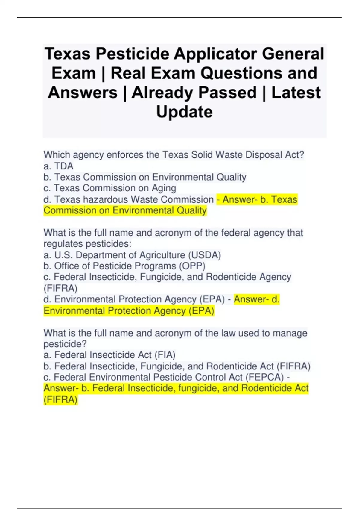 Texas Pesticide Applicator General Exam | Real Exam Questions and ...