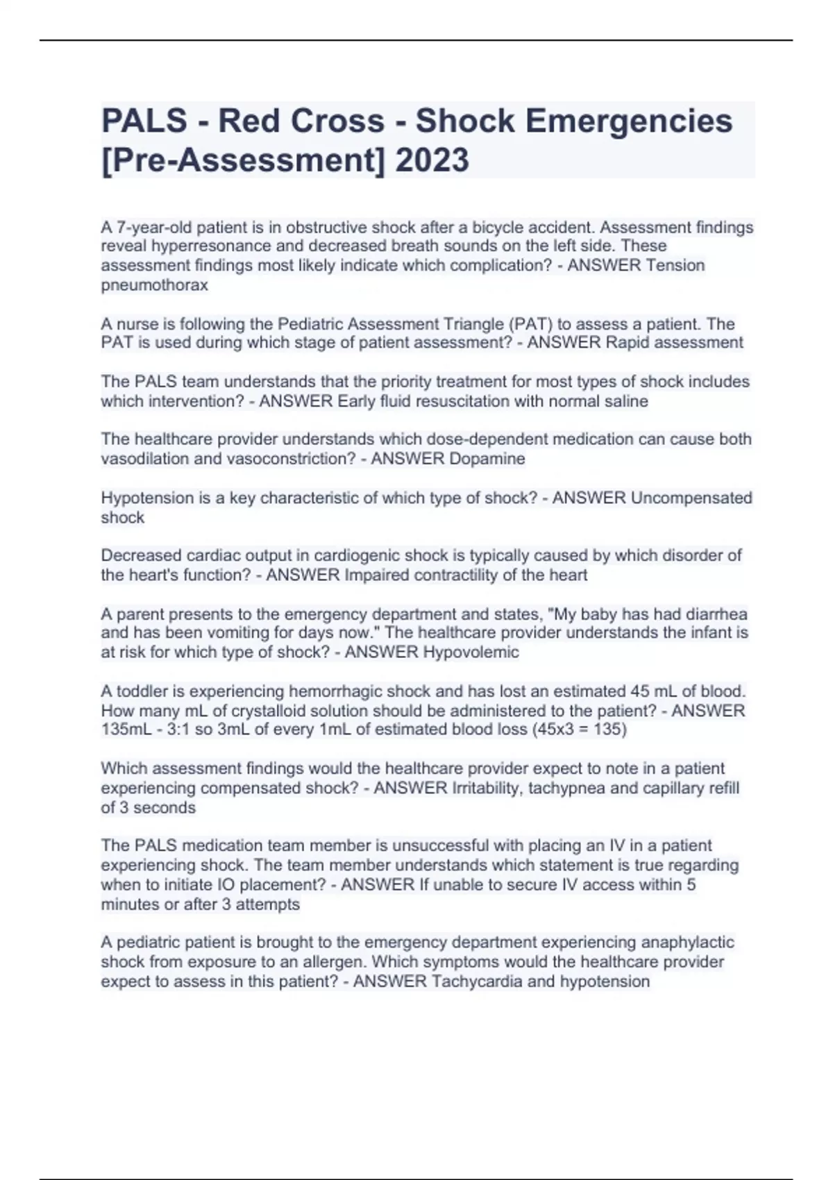 PALS - Red Cross - Shock Emergencies [Pre-Assessment] 2023 - PALS - Red ...