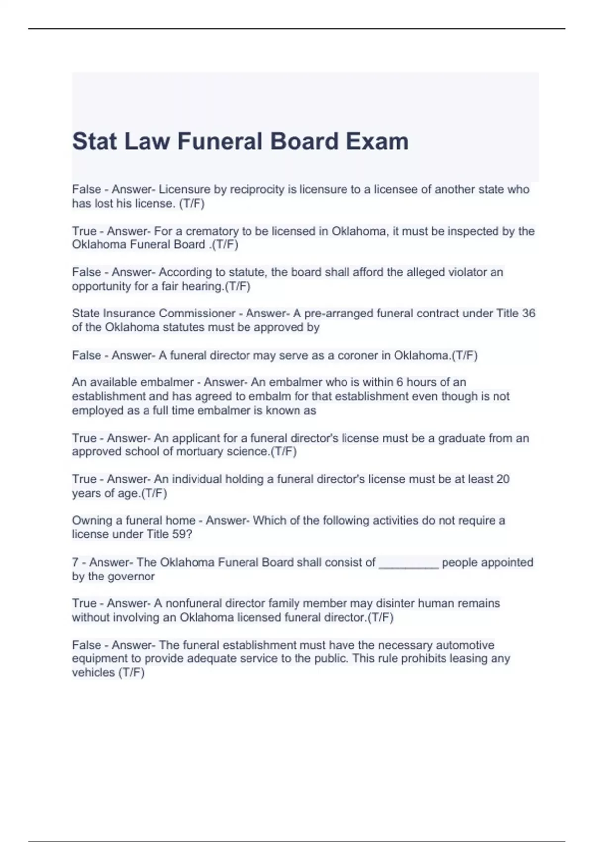 Stat Law Funeral Board Exam with complete solutions - Funeral ...