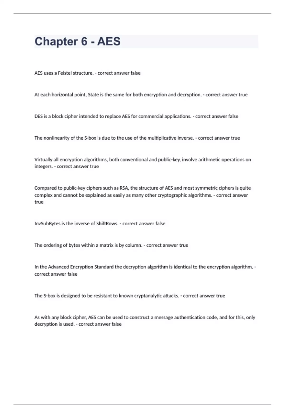 Chapter 6 - AES Questions with complete solution 2023/2024 - AES - Stuvia US
