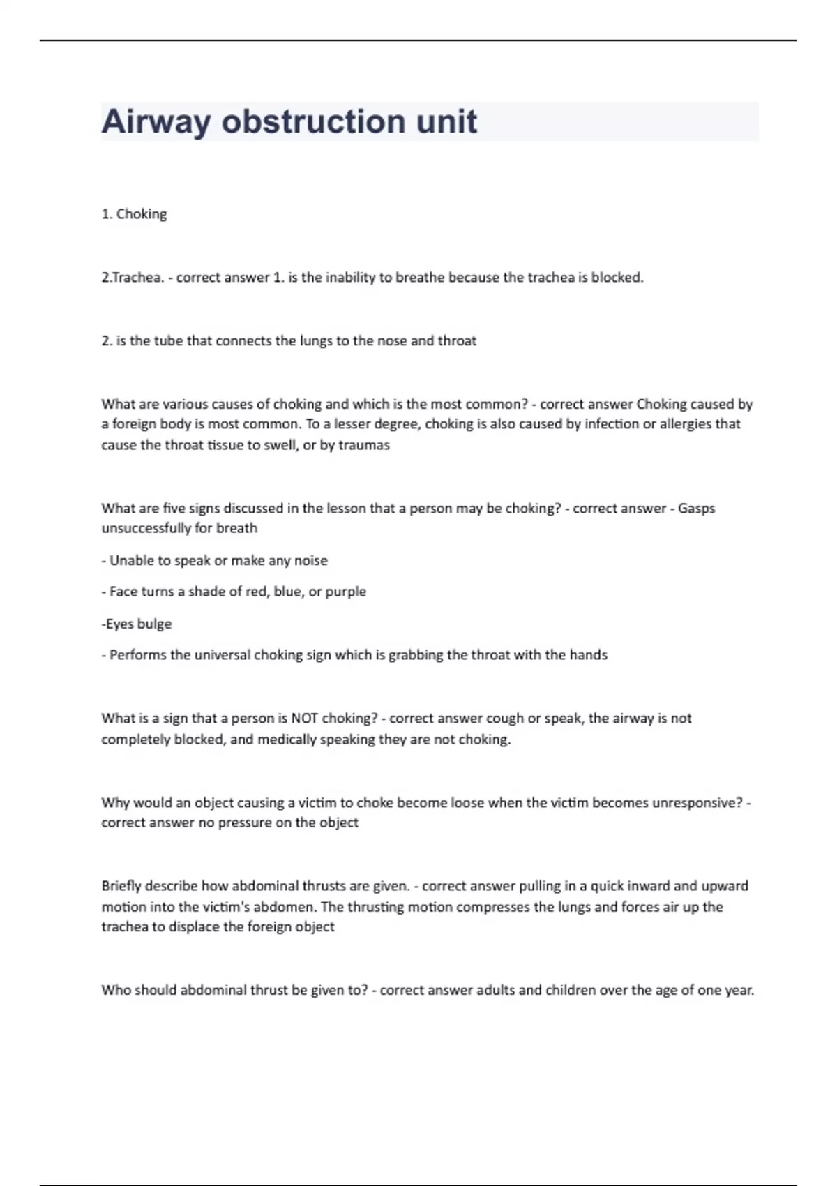 Airway obstruction unit Questions with complete solution 2023/2024 ...