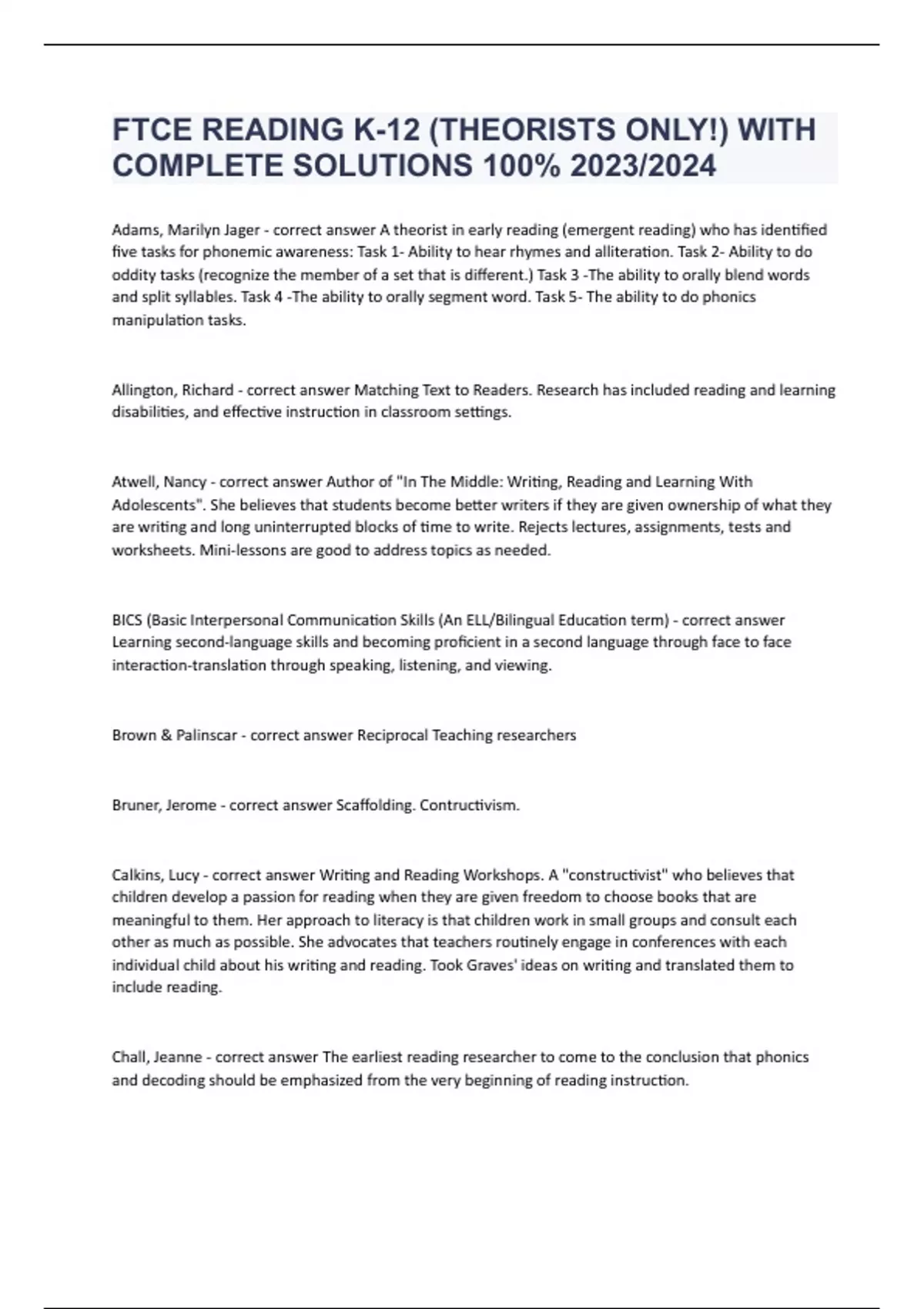 FTCE READING K-12 (THEORISTS ONLY!) WITH COMPLETE SOLUTIONS 100% 2023/ ...