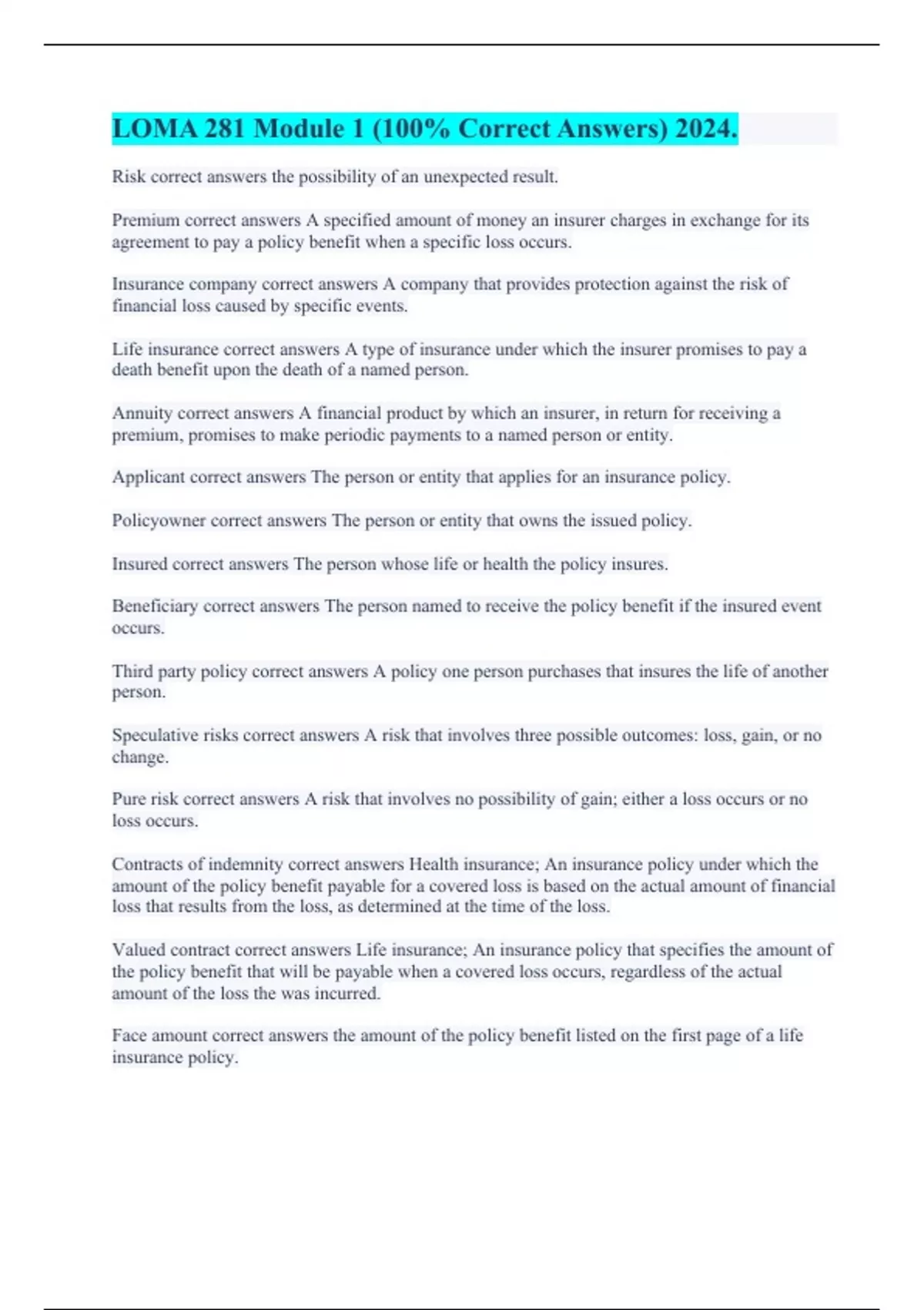 LOMA 281 Module 1 (100% Correct Answers) 2024. - LOMA 281 - Stuvia US