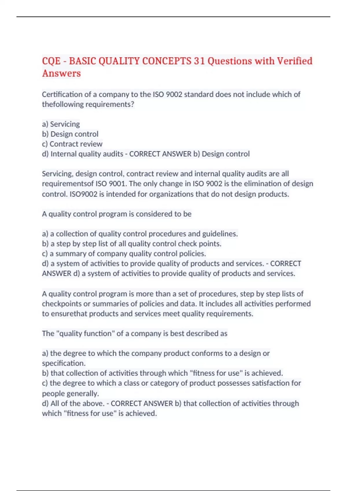 CQE - BASIC QUALITY CONCEPTS 31 Questions with Verified Answers,100% CORRECT - CQE - BASIC ...
