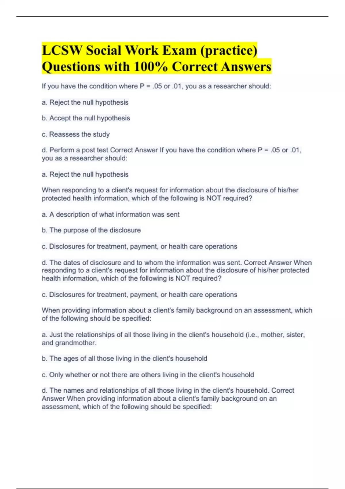 LCSW Social Work Exam practice Questions With 100 Correct Answers