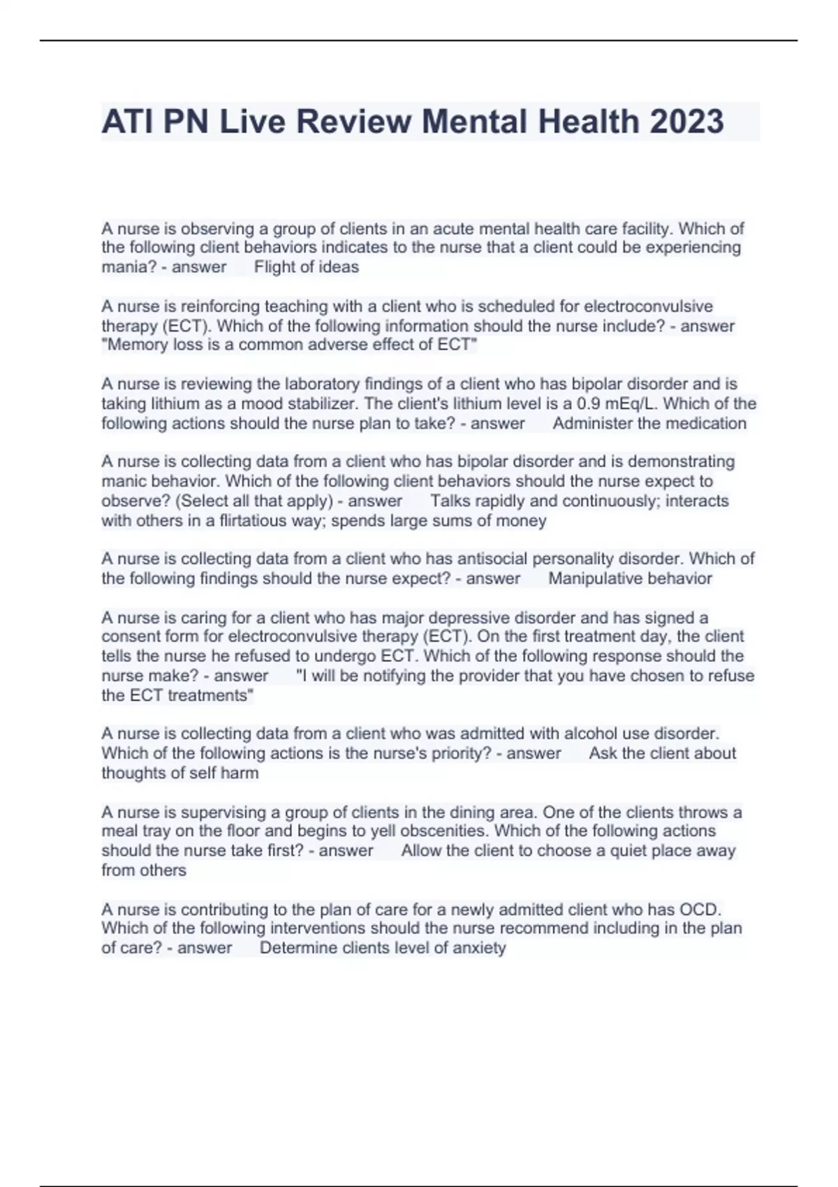 ATI PN Live Review Mental Health 2023 Questions with correct Answers ...