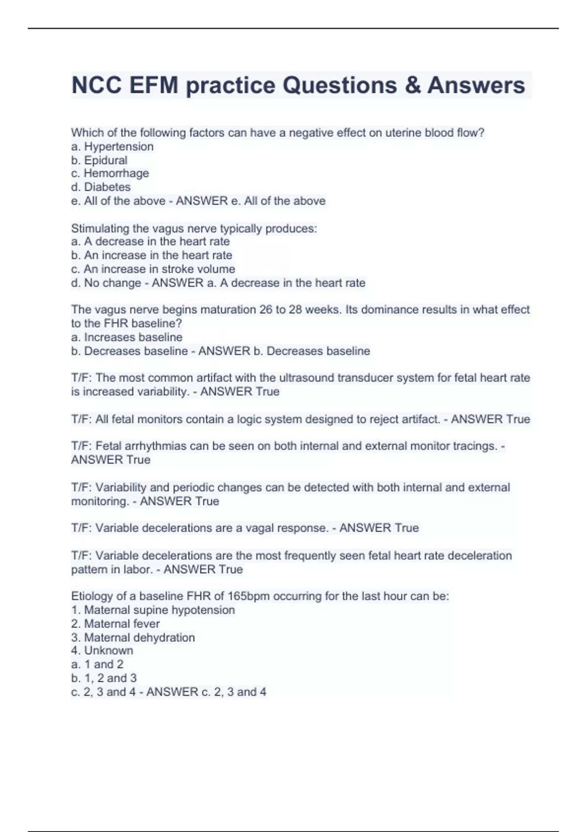 NCC EFM practice Questions & Answers - NCC EFM - Stuvia US