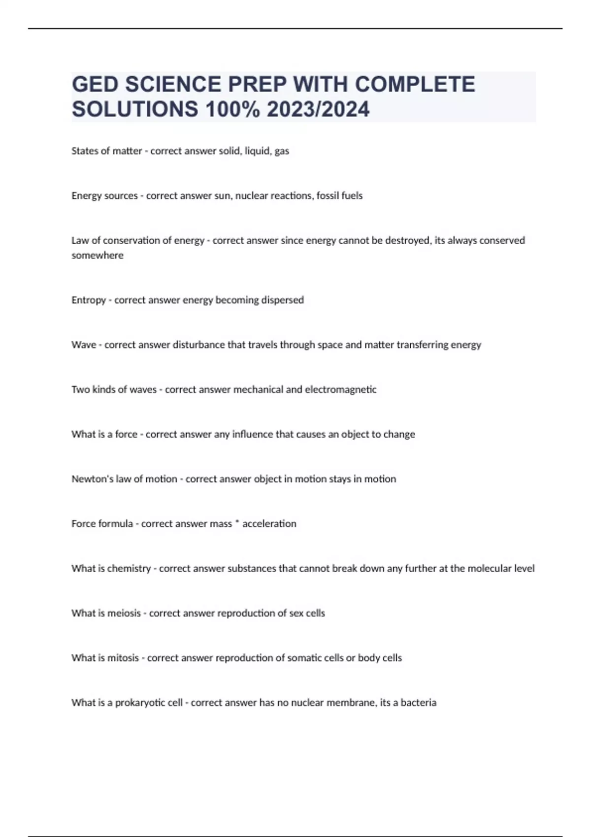 GED SCIENCE PREP WITH COMPLETE SOLUTIONS 100% 2023/2024 - Ged - Stuvia US