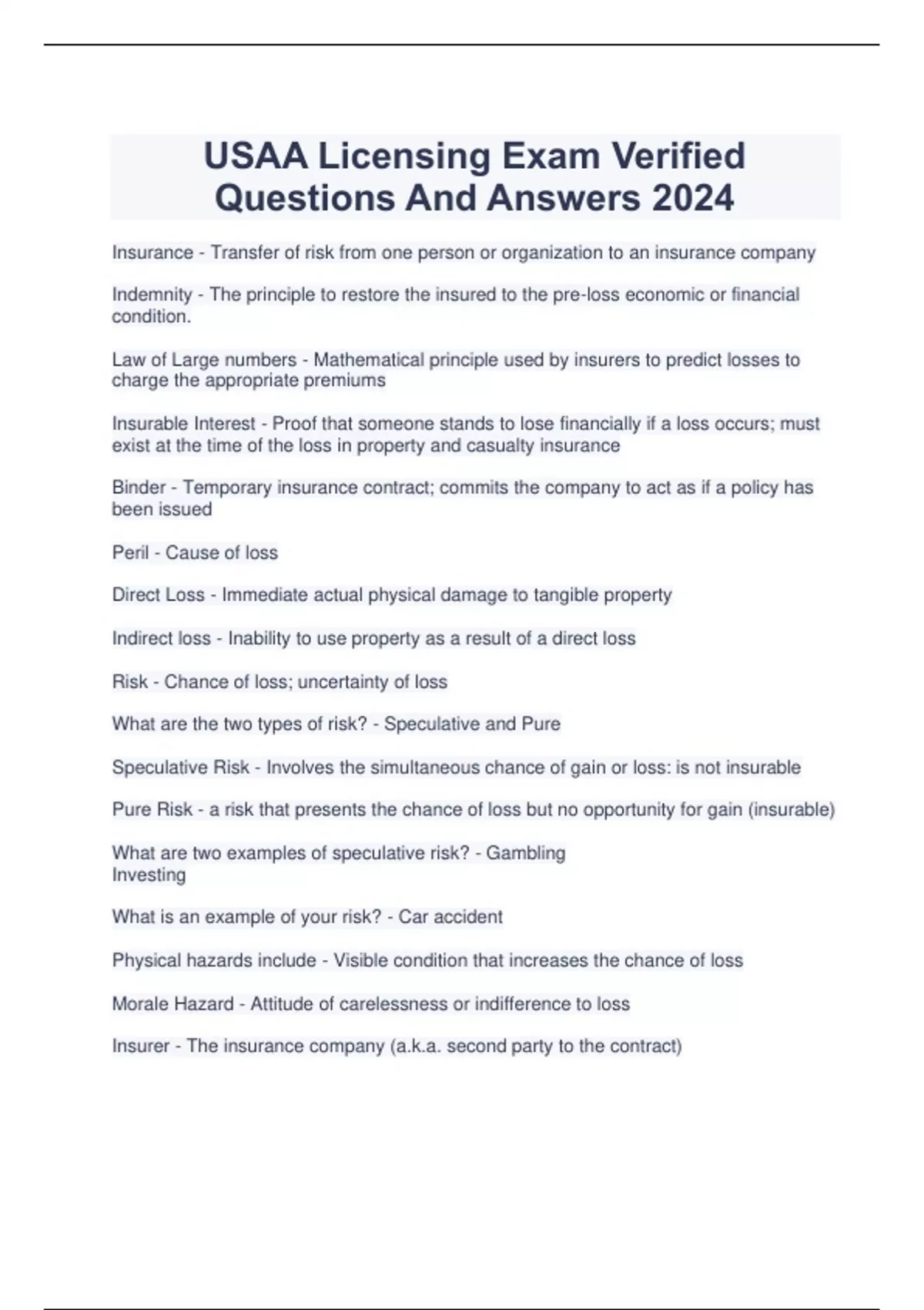 USAA Licensing Exam Verified Questions And Answers 2024 - USAA ...