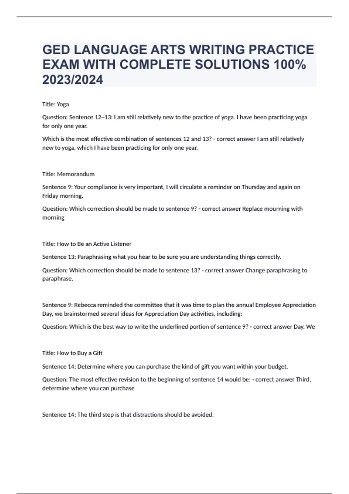 GED LANGUAGE ARTS WRITING PRACTICE EXAM WITH COMPLETE SOLUTIONS 100% ...