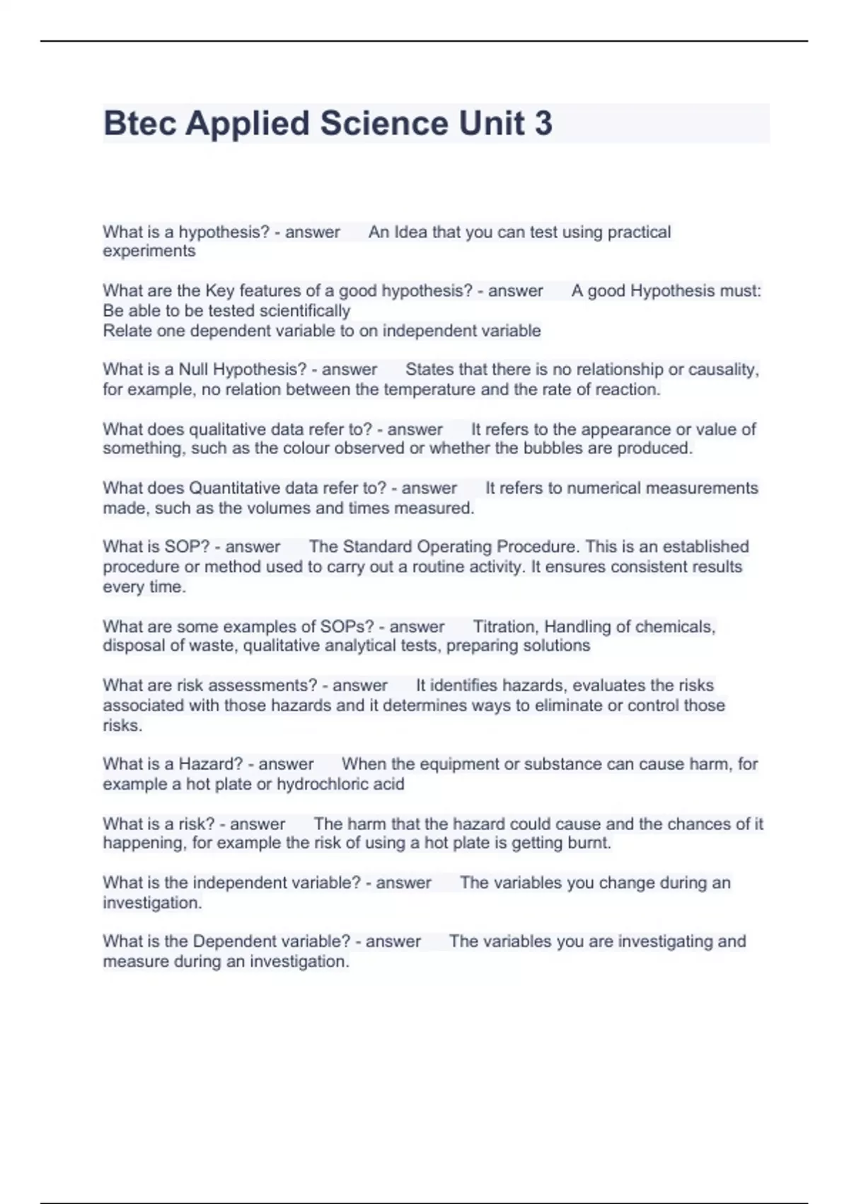 Btec Applied Science Unit 3 Questions and Answers 2023 - BTEC - Stuvia US