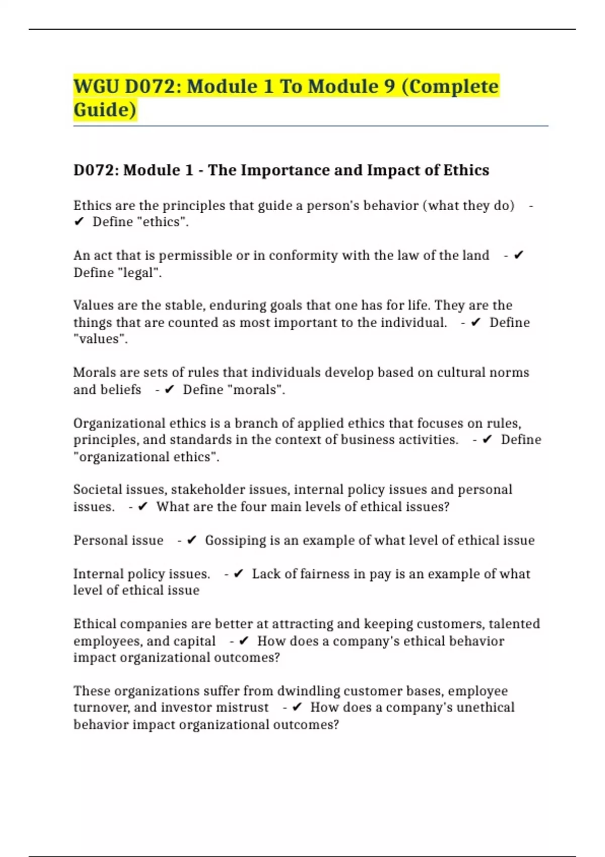WGU D072: Module 1 To Module 9 (Complete Guide) - WGU D072 - Stuvia US