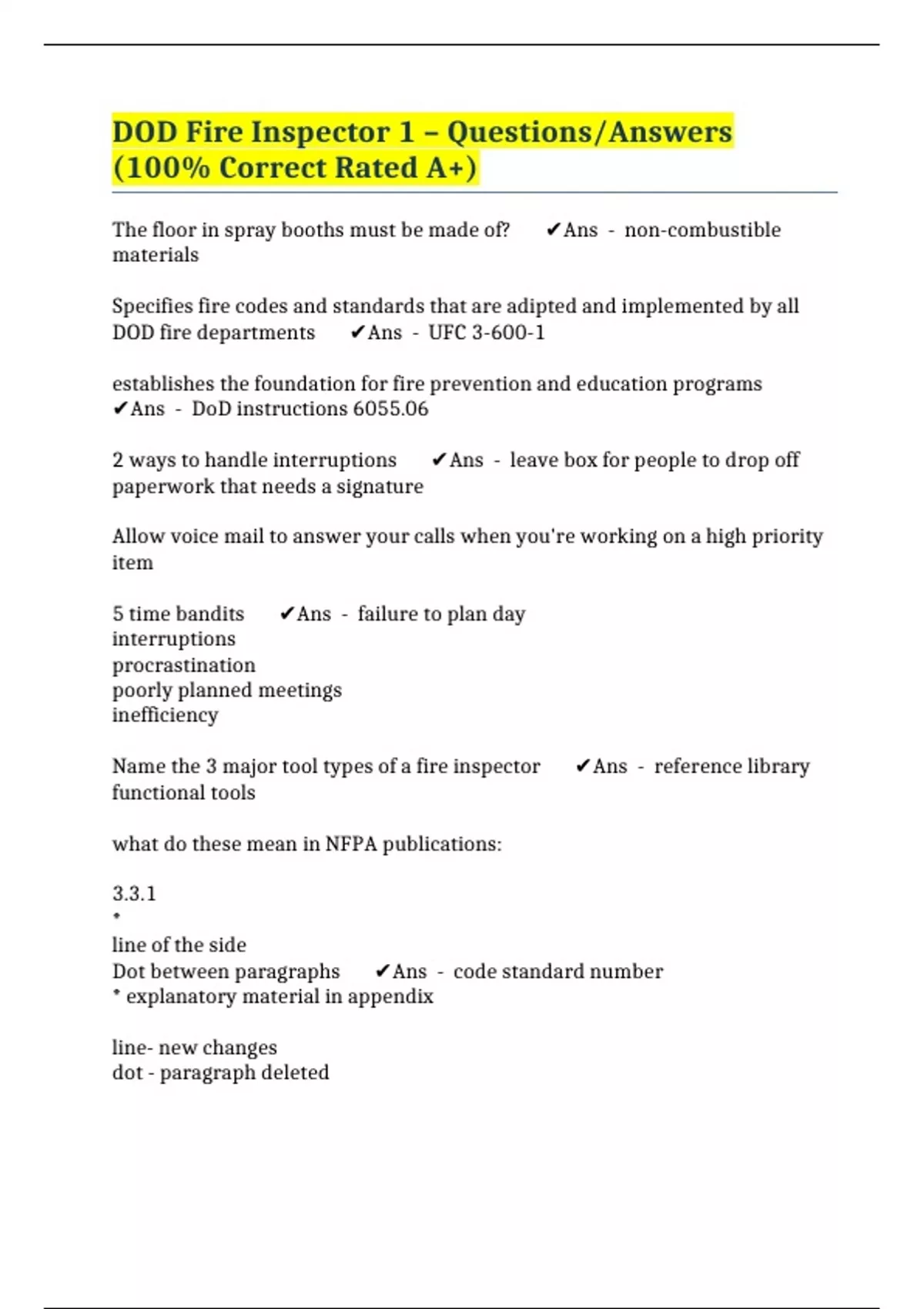 DOD Fire Inspector 1 – Questions/Answers (100% Correct Rated A+) - FIRE ...