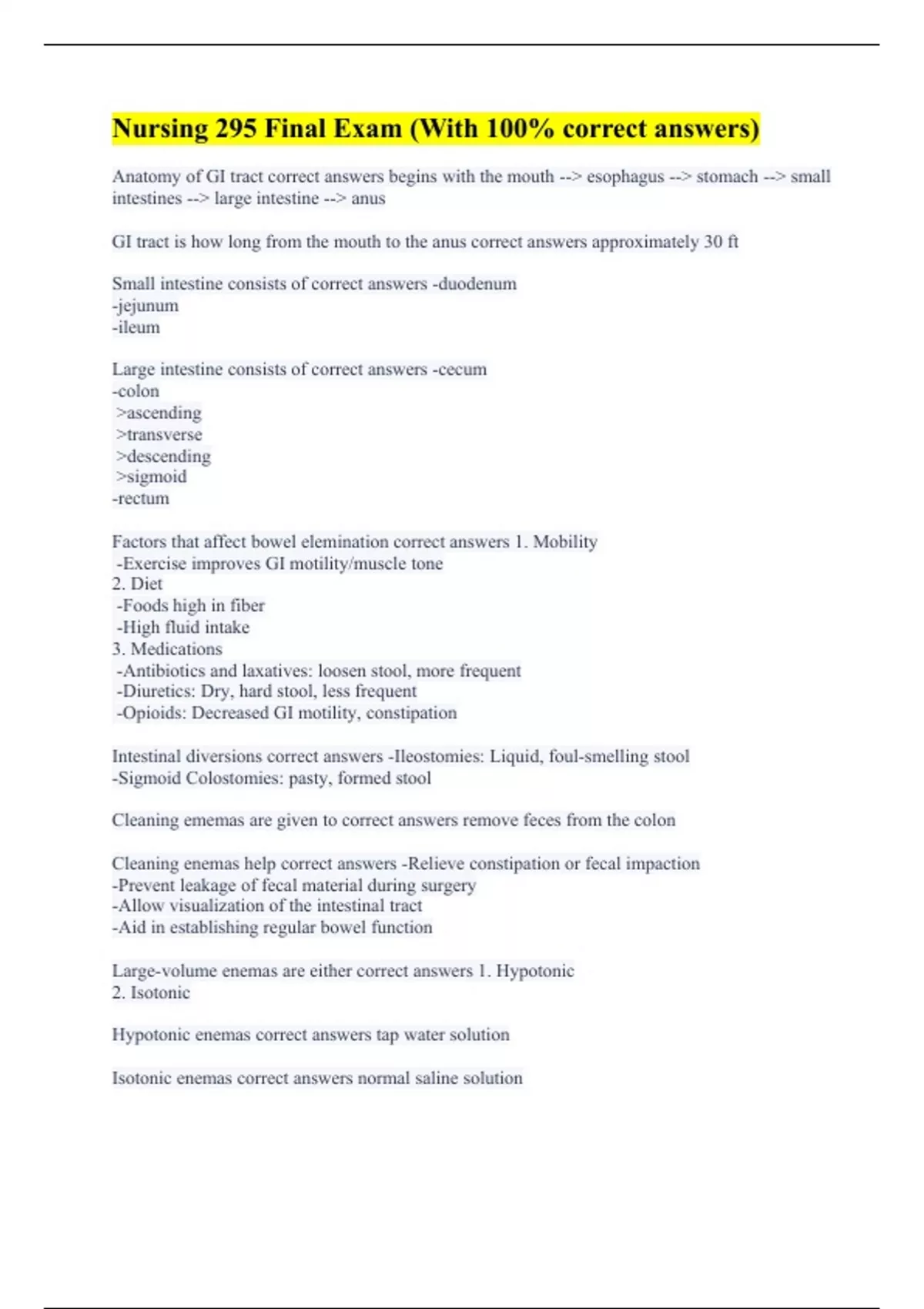 Nursing 295 Final Exam (With 100% correct answers) - Nursing 295 - Stuvia US