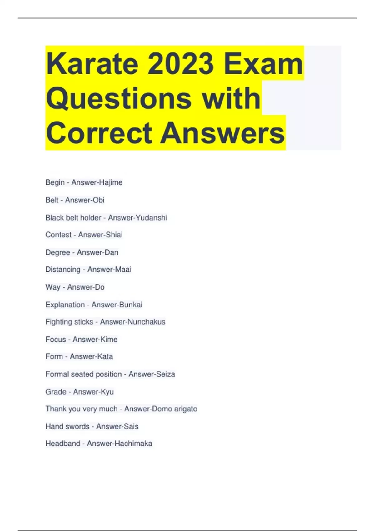 Karate 2023 Exam Questions with Correct Answers - Karate - Stuvia US