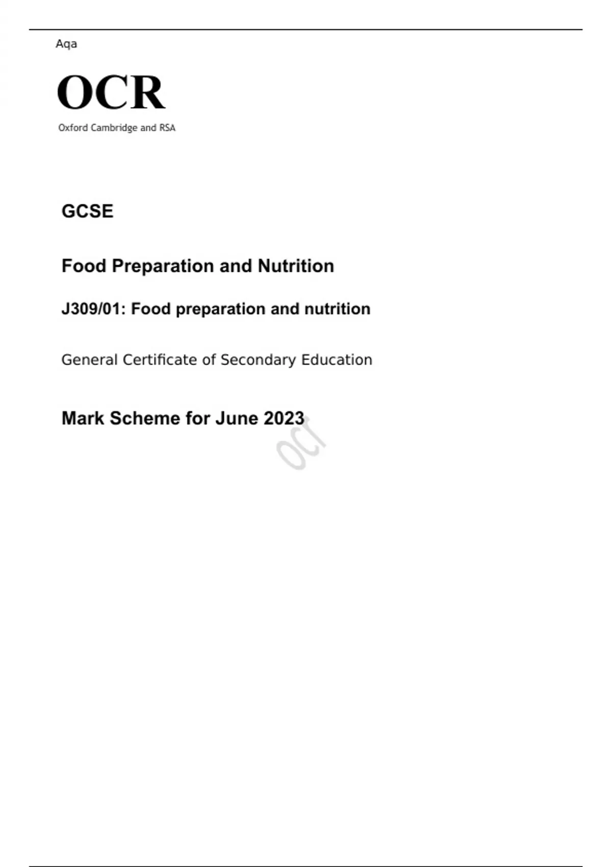 OCR GCSE (9–1) Food Preparation and Nutrition J309/01 JUNE 2023 MARK ...