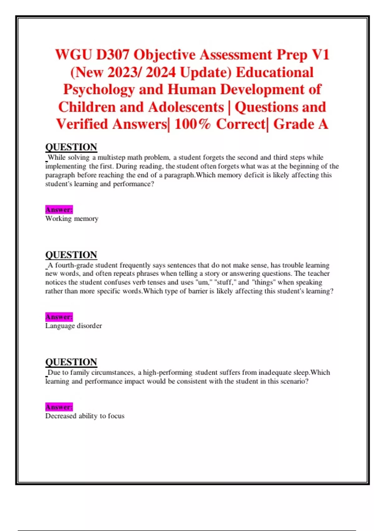 WGU D307 Objective Assessment Prep V1 (New 2023/ 2024 Update ...