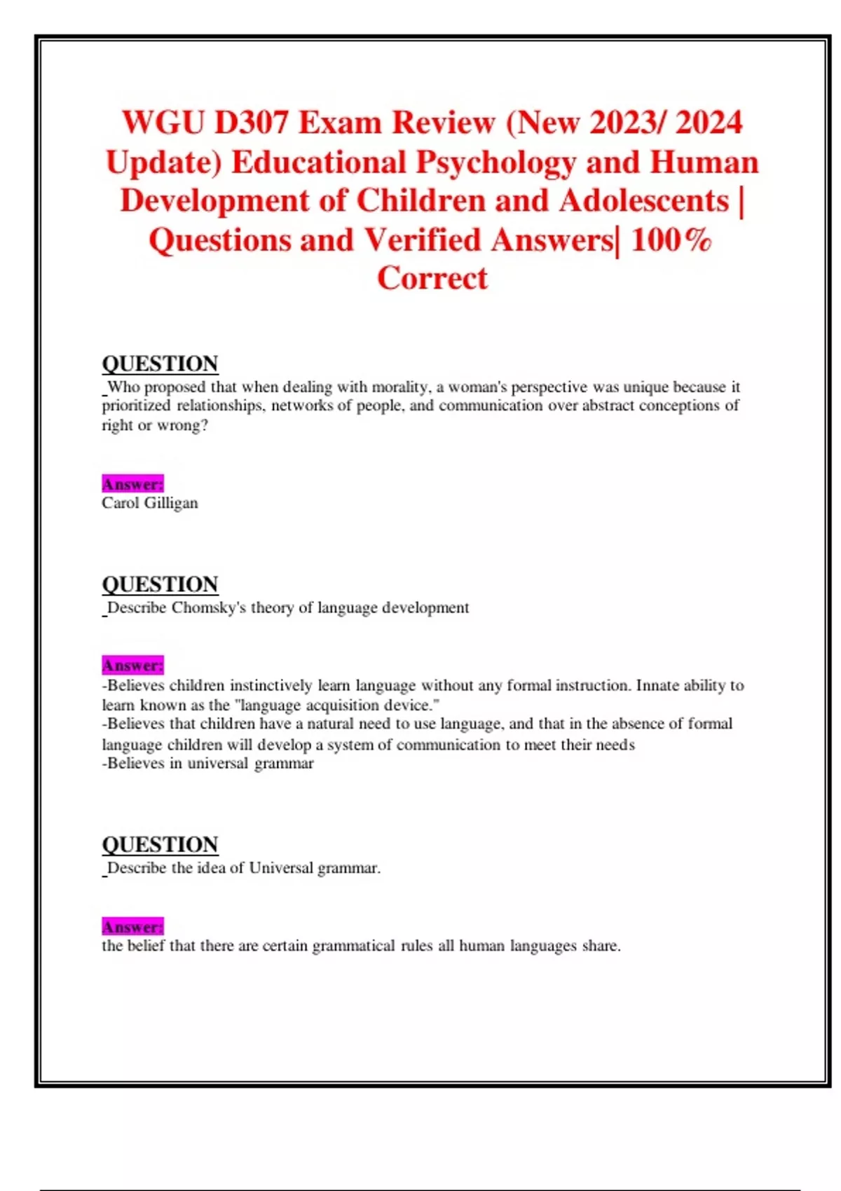 WGU D307 Exam Review (New 2023/ 2024 Update) Educational Psychology and ...