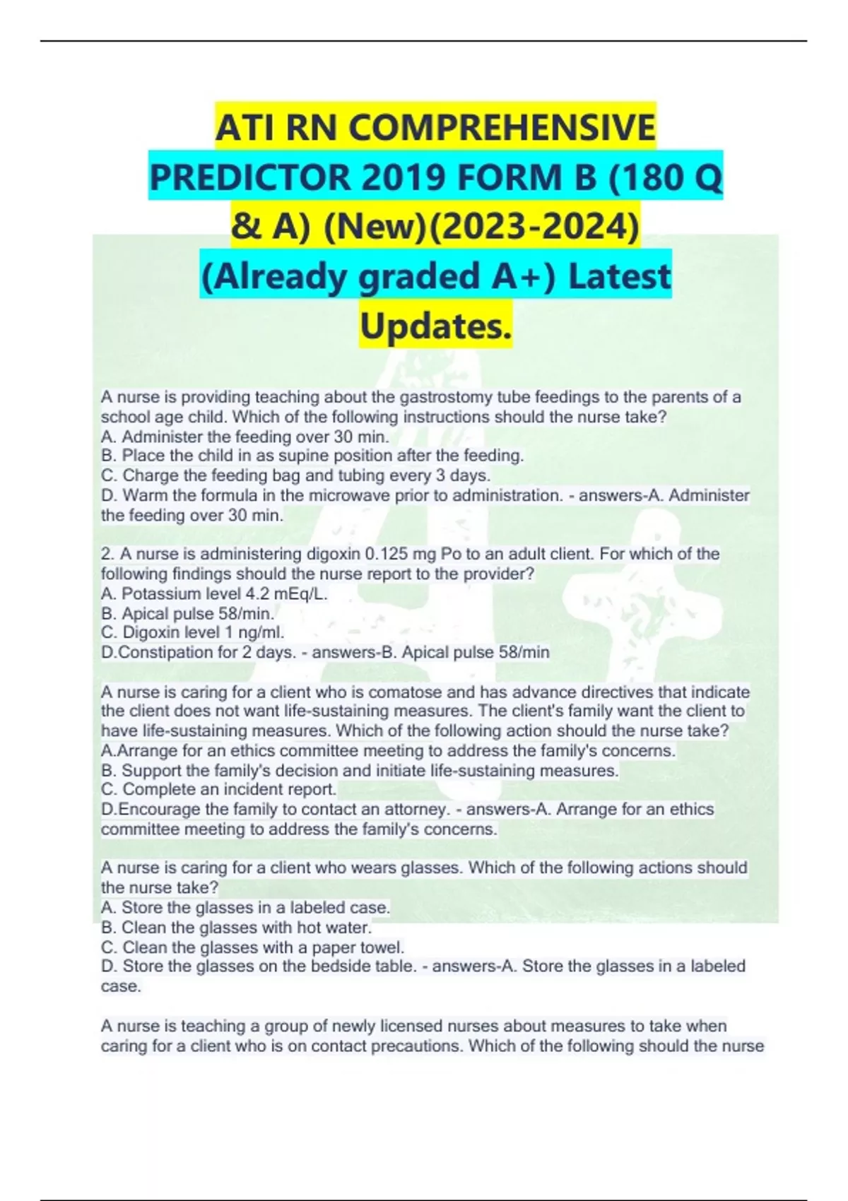 ATI RN COMPREHENSIVE PREDICTOR 2019 FORM B (180 Q & A) (New)() (Already ...