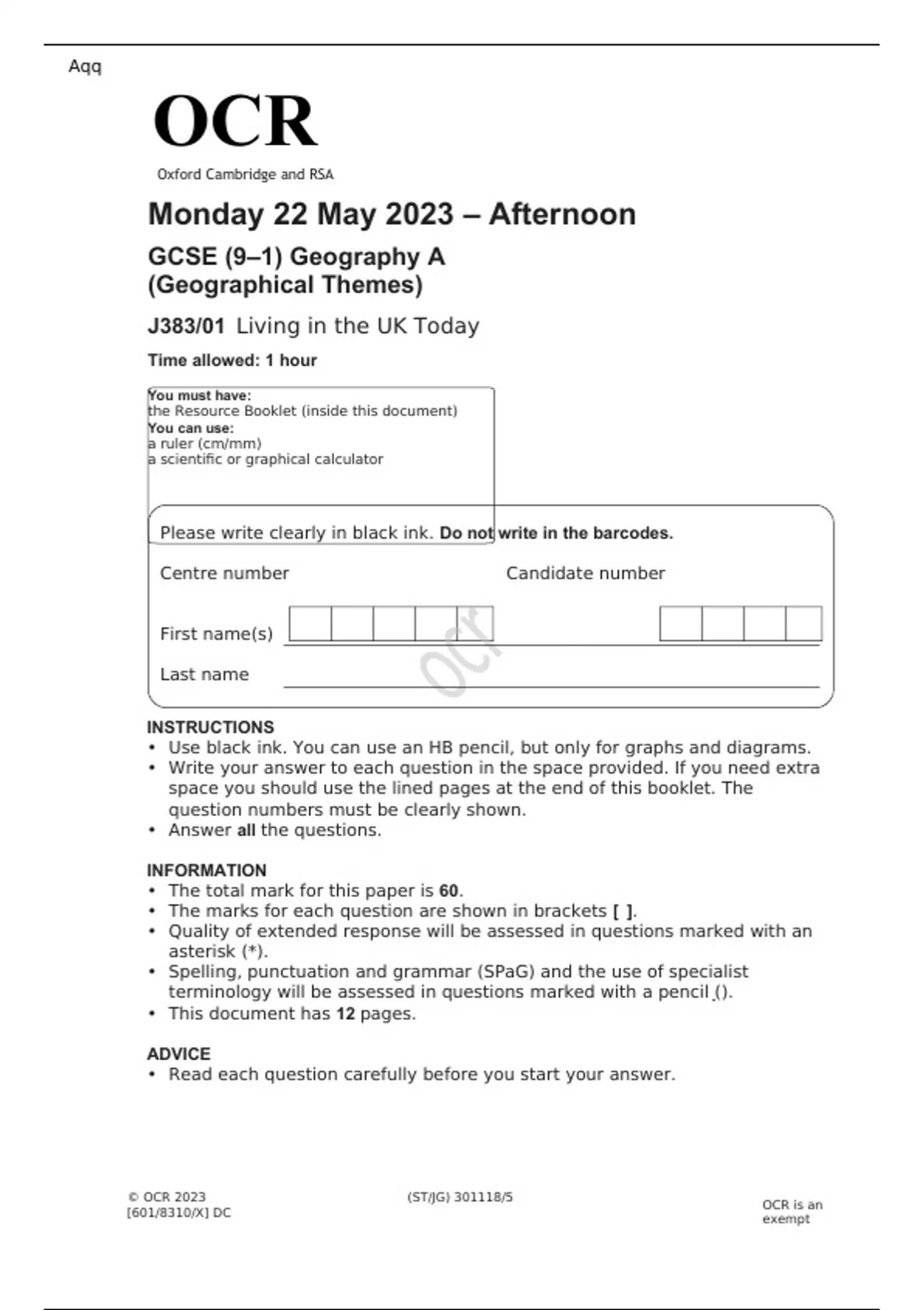 OCR GCSE (9–1) Geography A (Geographical Themes) J383/01 JUNE 2023 ...