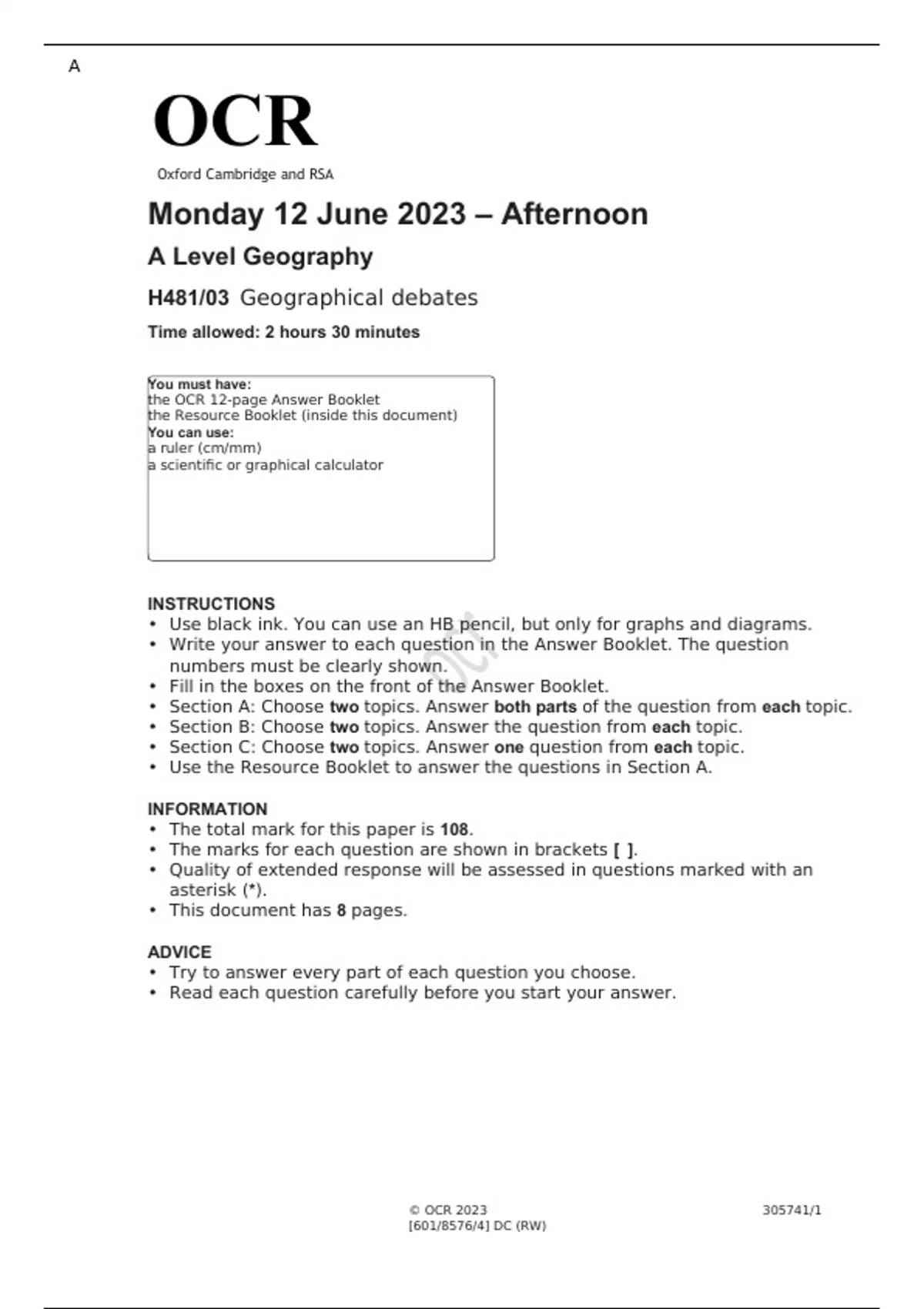 OCR A Level Geography H481/03 JUNE 2023 QUESTION PAPER: Geographical ...