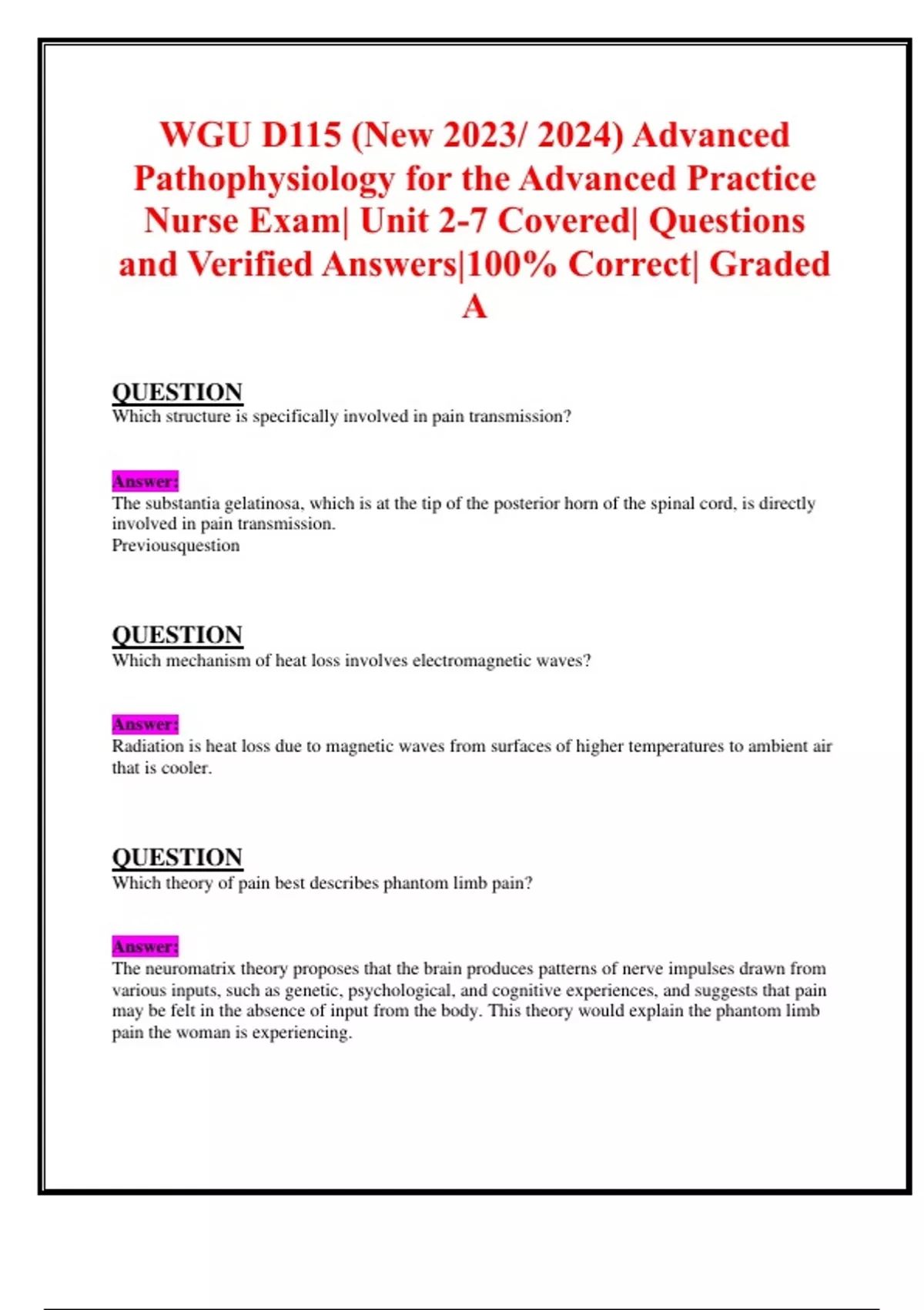 WGU D115 (New 2023/ 2024) Advanced Pathophysiology for the Advanced ...