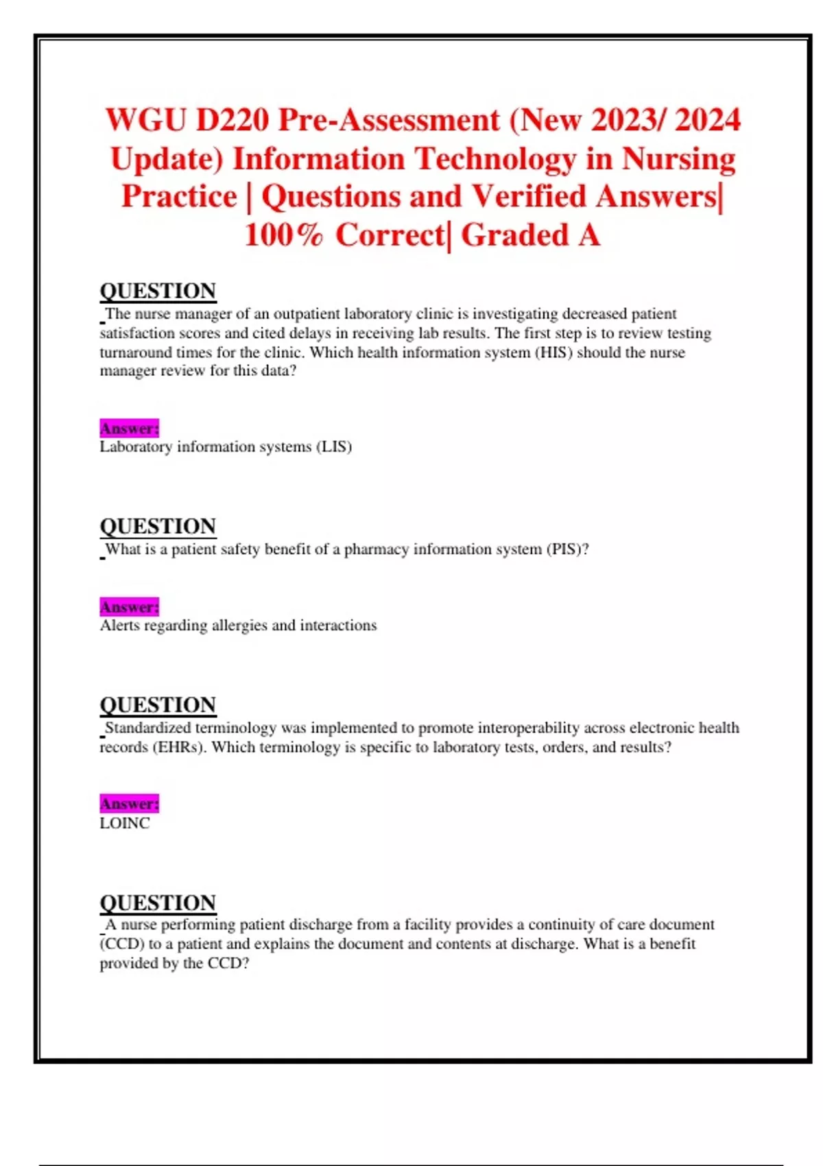 WGU D220 Pre-Assessment (New 2023/ 2024 Update) Information Technology in Nursing Practice ...