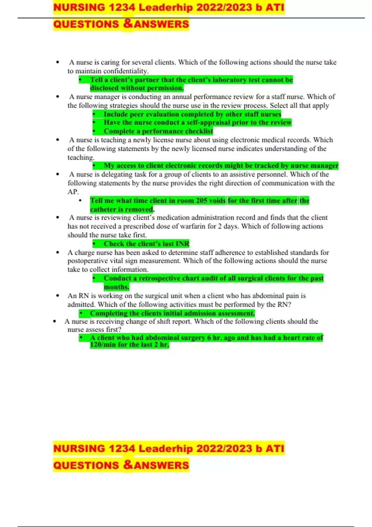 NURSING 1234 Leaderhip 2022/2023 b ATI QUESTIONS &ANSWERS - ATI Course ...