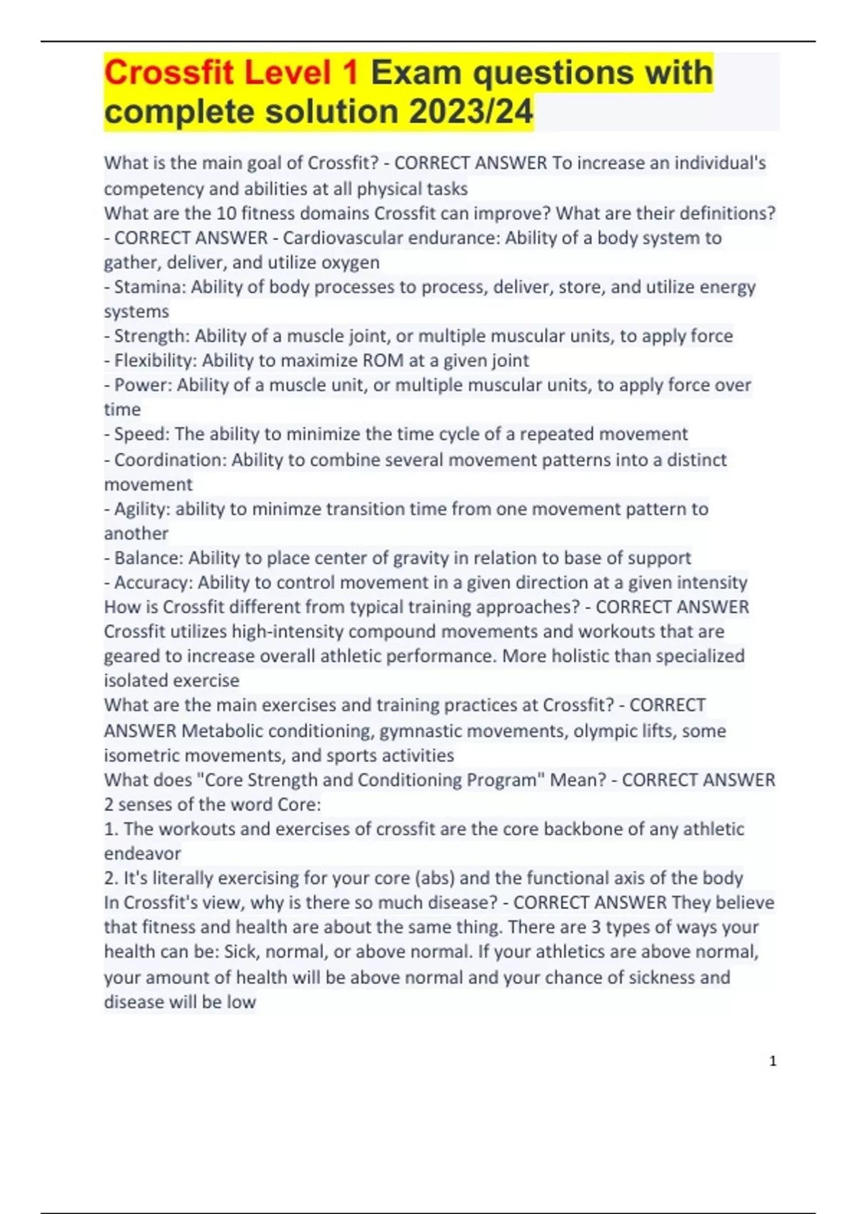 Crossfit Level 1 Exam questions with complete solution 2023/24 - Stuvia US