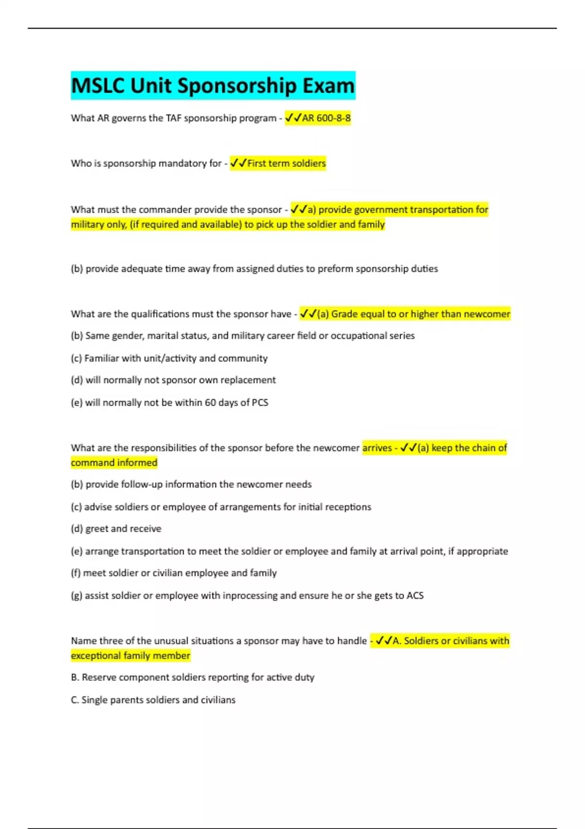 MSLC Unit Sponsorship Exam - MSLC - Stuvia US