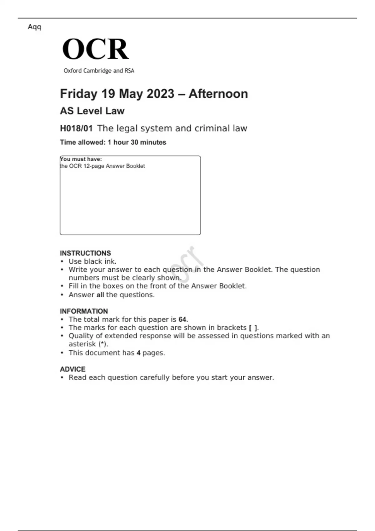 OCR AS Level Law PAPER 1 And 2 JUNE 2023 QUESTION PAPERS AND MARK