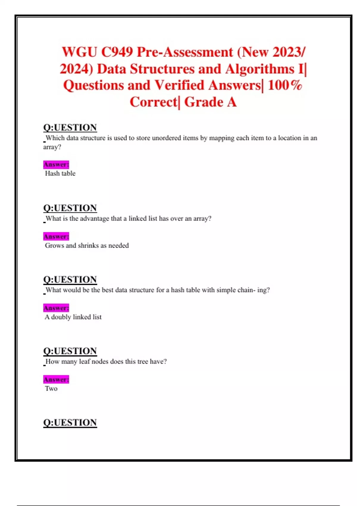 WGU C949 Pre-Assessment (New 2023/ 2024) Data Structures and Algorithms I| Questions and ...