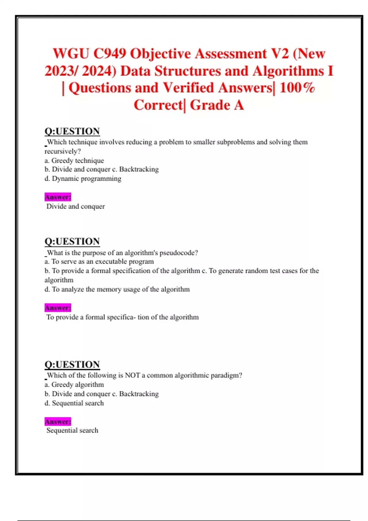 WGU C949 Objective Assessment V2 (New 2023/ 2024) Data Structures and Algorithms I | Questions ...