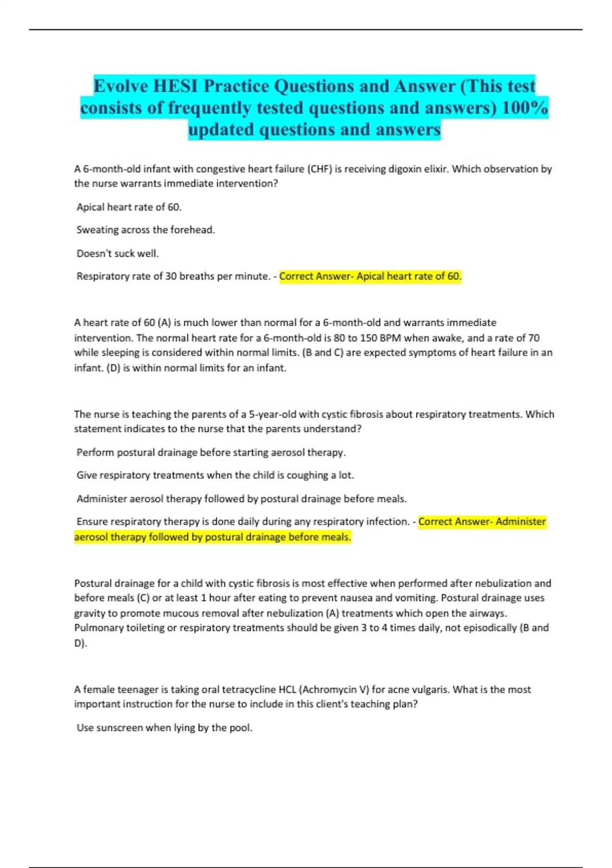 Evolve HESI Practice Questions and Answer (This test consists of ...