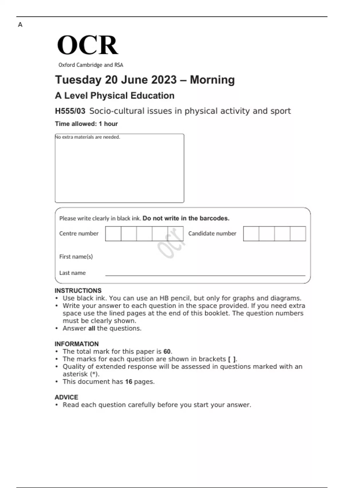 OCR A Level Physical Education H555/03 JUNE 2023 QUESTION PAPER: Socio ...