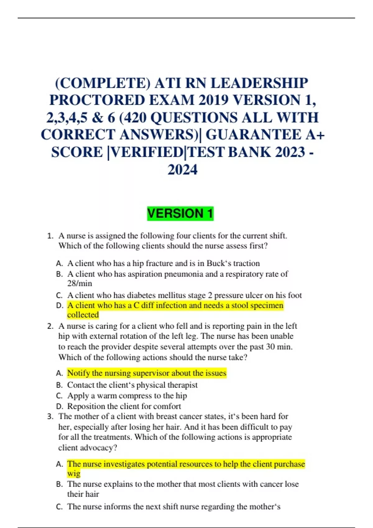 ATI TEST BANK PLUS QUESTIONS AND ANSWERS - Stuvia US