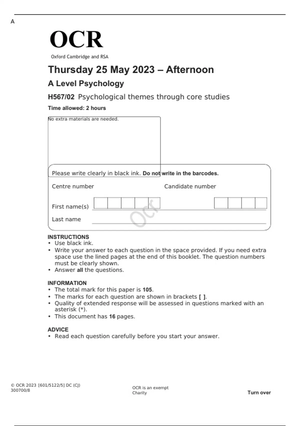 OCR A Level Psychology H567/02 JUNE 2023 QUESTION PAPER: Psychological ...