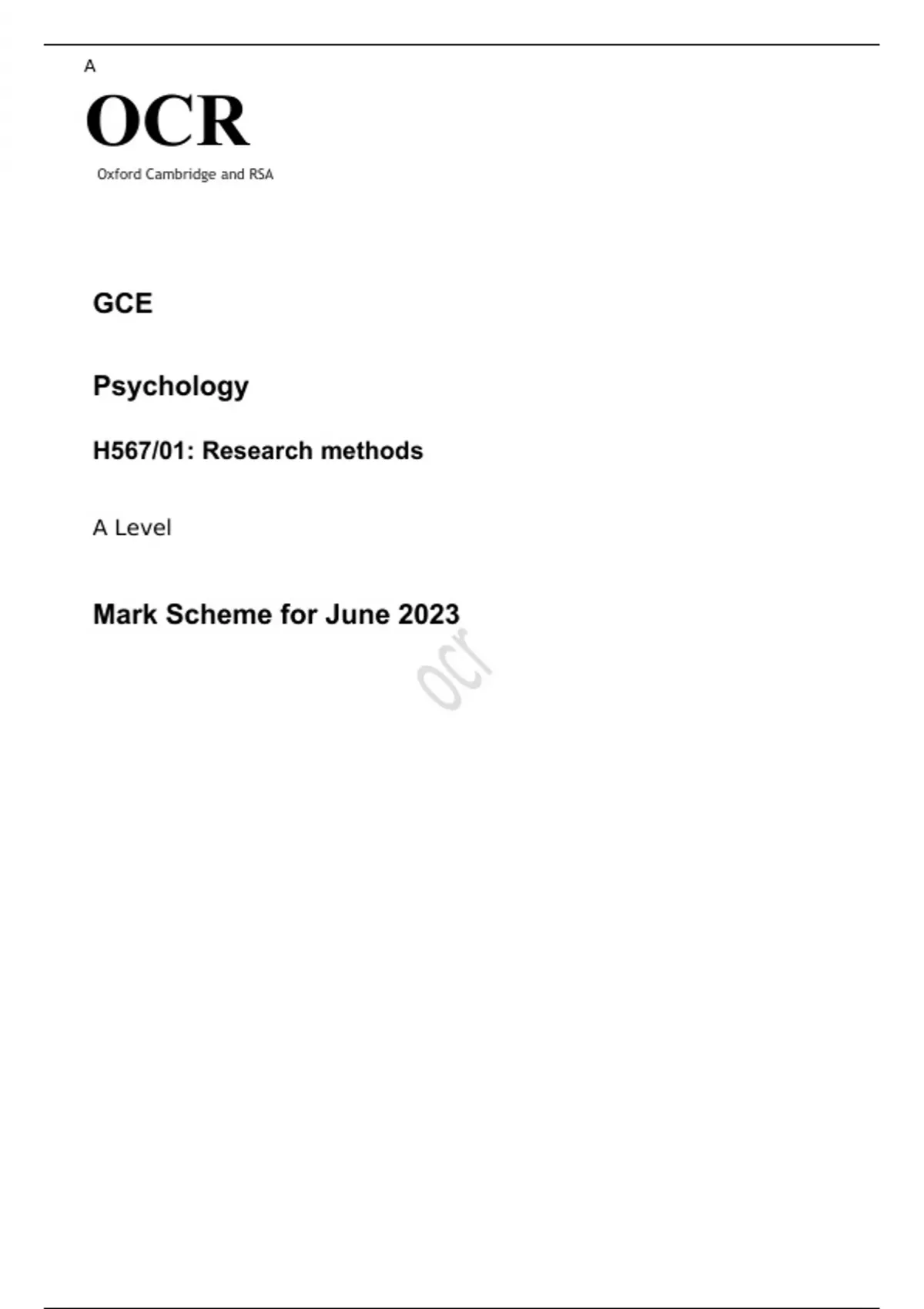 OCR A Level Psychology H567/01 JUNE 2023 MARK SCHEME: Research methods ...