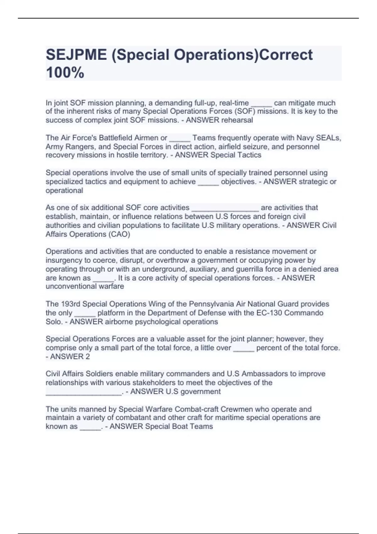 SEJPME (Special Operations)Correct 100% - SEJPME - Stuvia US