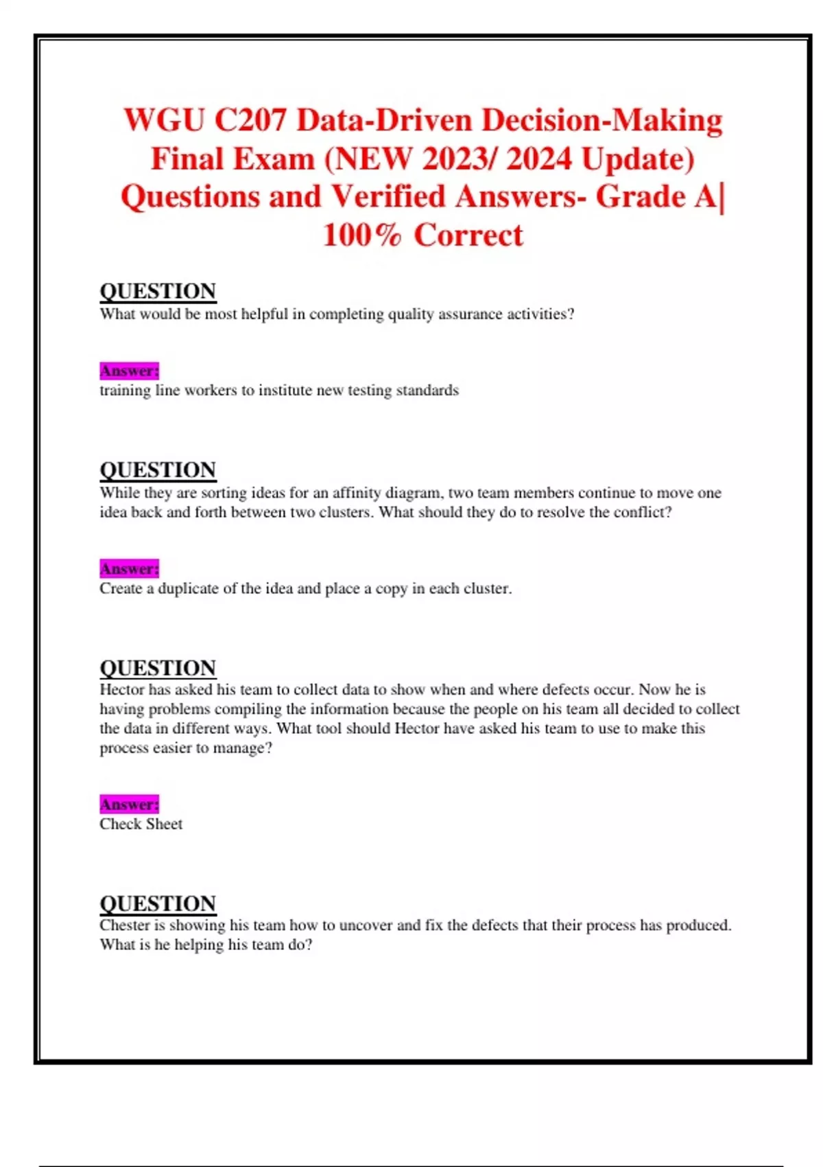 WGU C207 Data-Driven Decision-Making Final Exam (NEW 2023/ 2024 Update ...