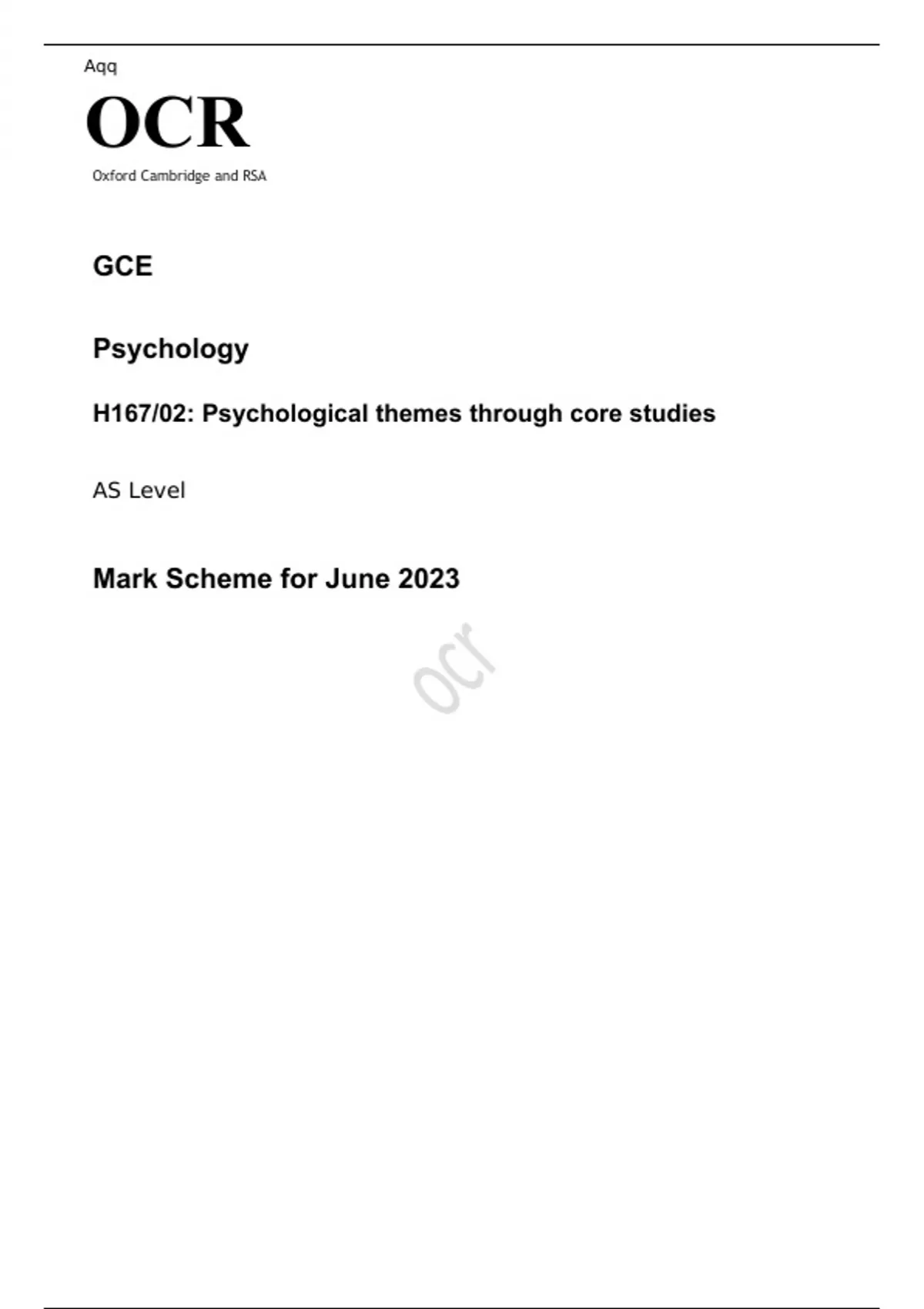OCR AS Level Psychology H167/02 JUNE 2023 MARK SCHEME: Psychological ...