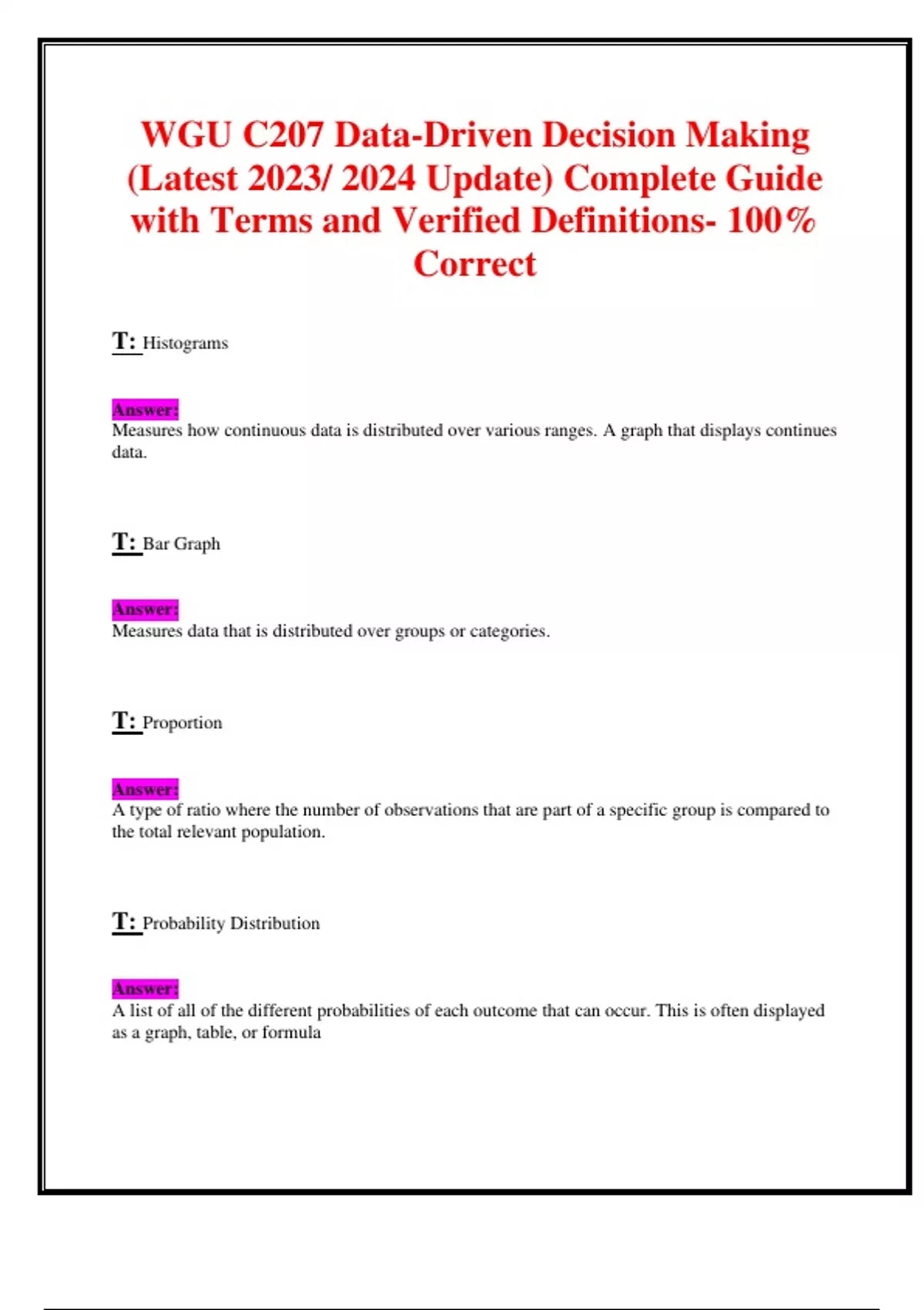 WGU C207 Data-Driven Decision Making (Latest 2023/ 2024 Update ...