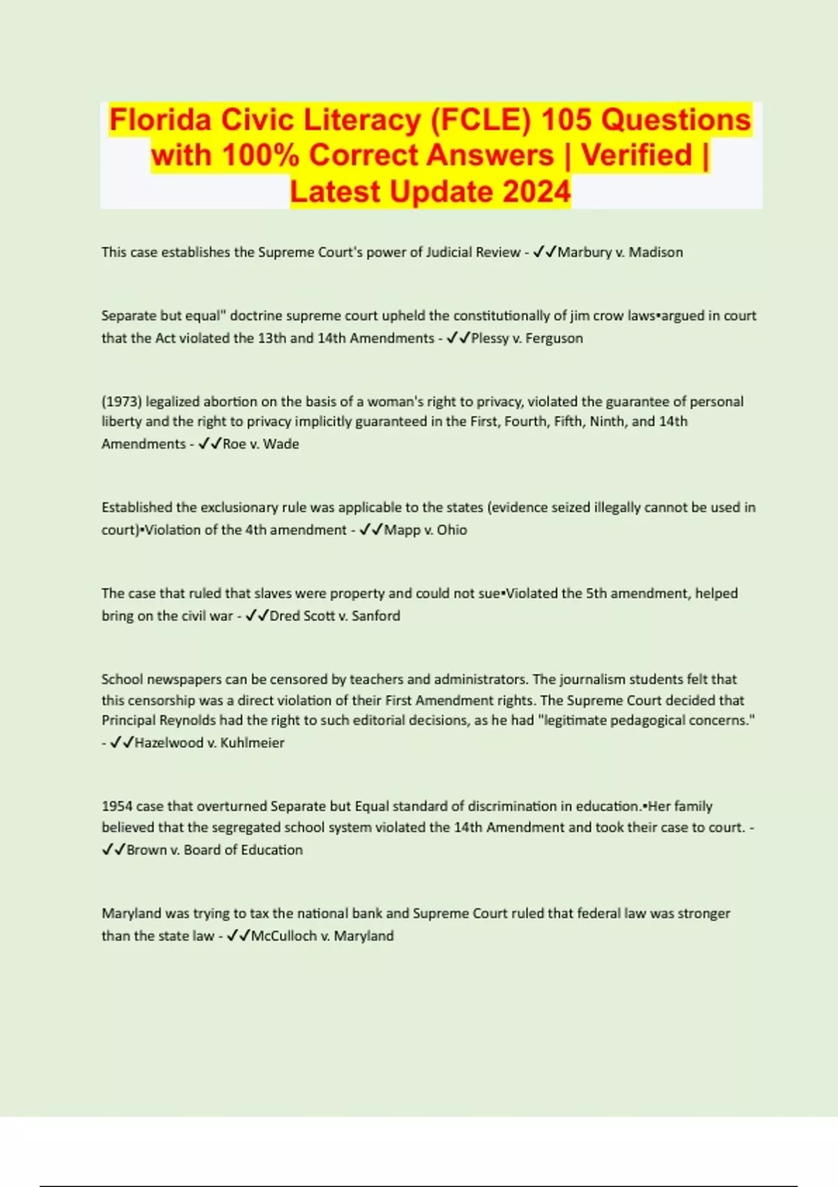 Florida Civic Literacy (FCLE) 105 Questions with 100% Correct Answers ...