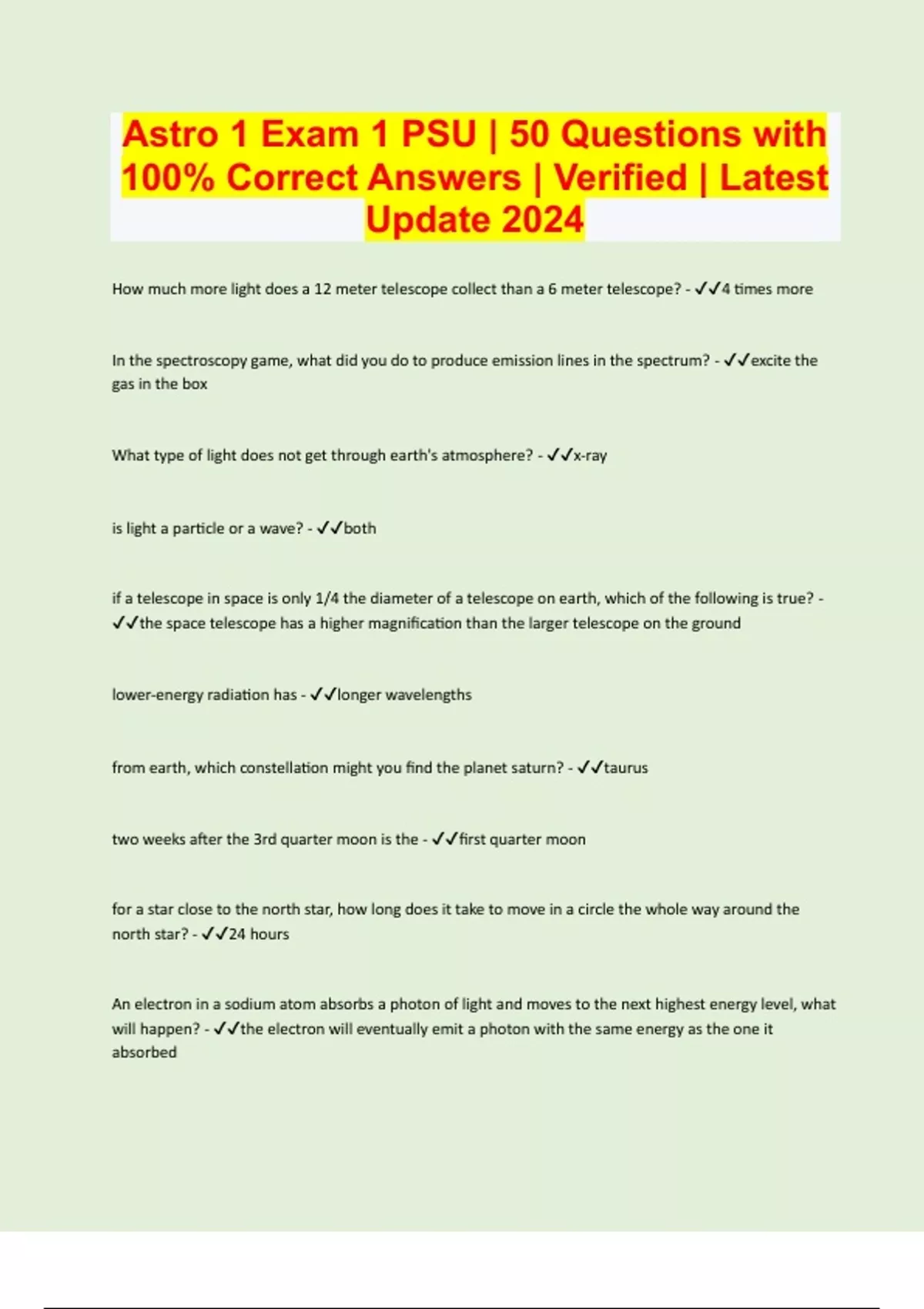 Astro 1 Exam 1 PSU | 50 Questions with 100% Correct Answers | Verified ...