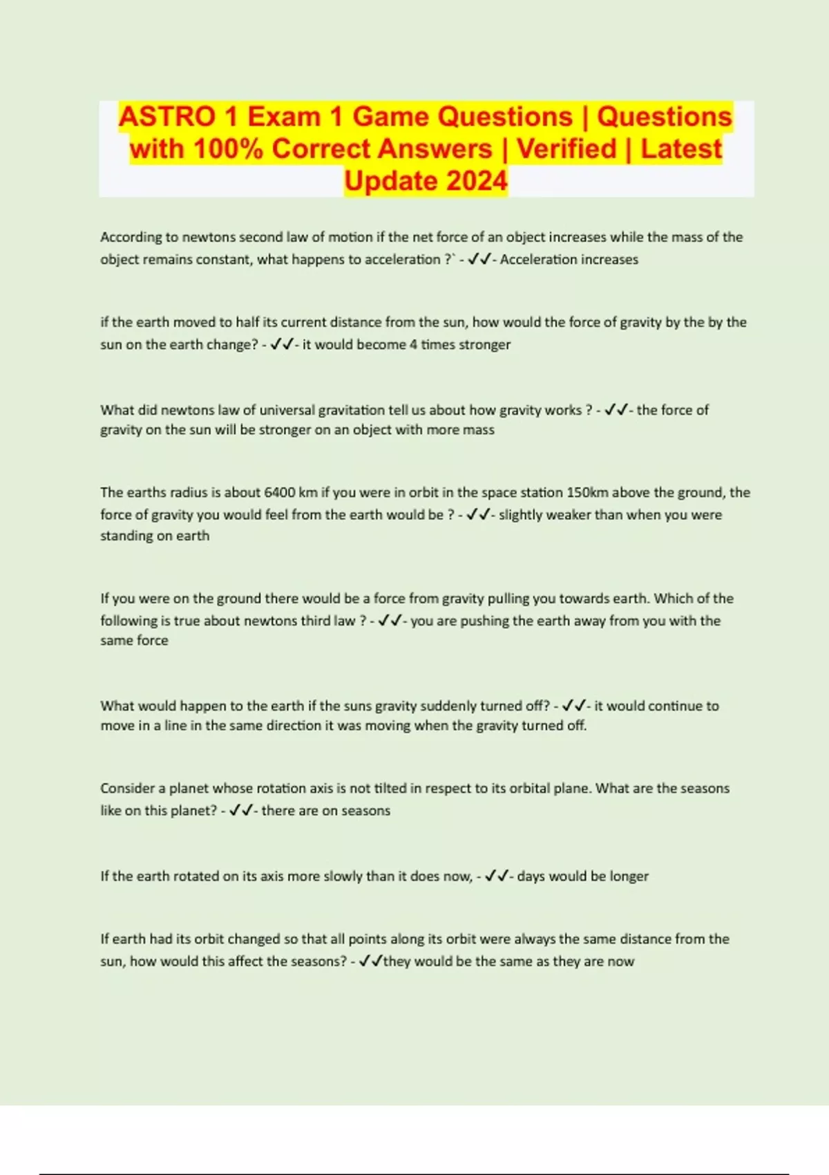 ASTRO 1 Exam 1 Game Questions | Questions with 100% Correct Answers ...