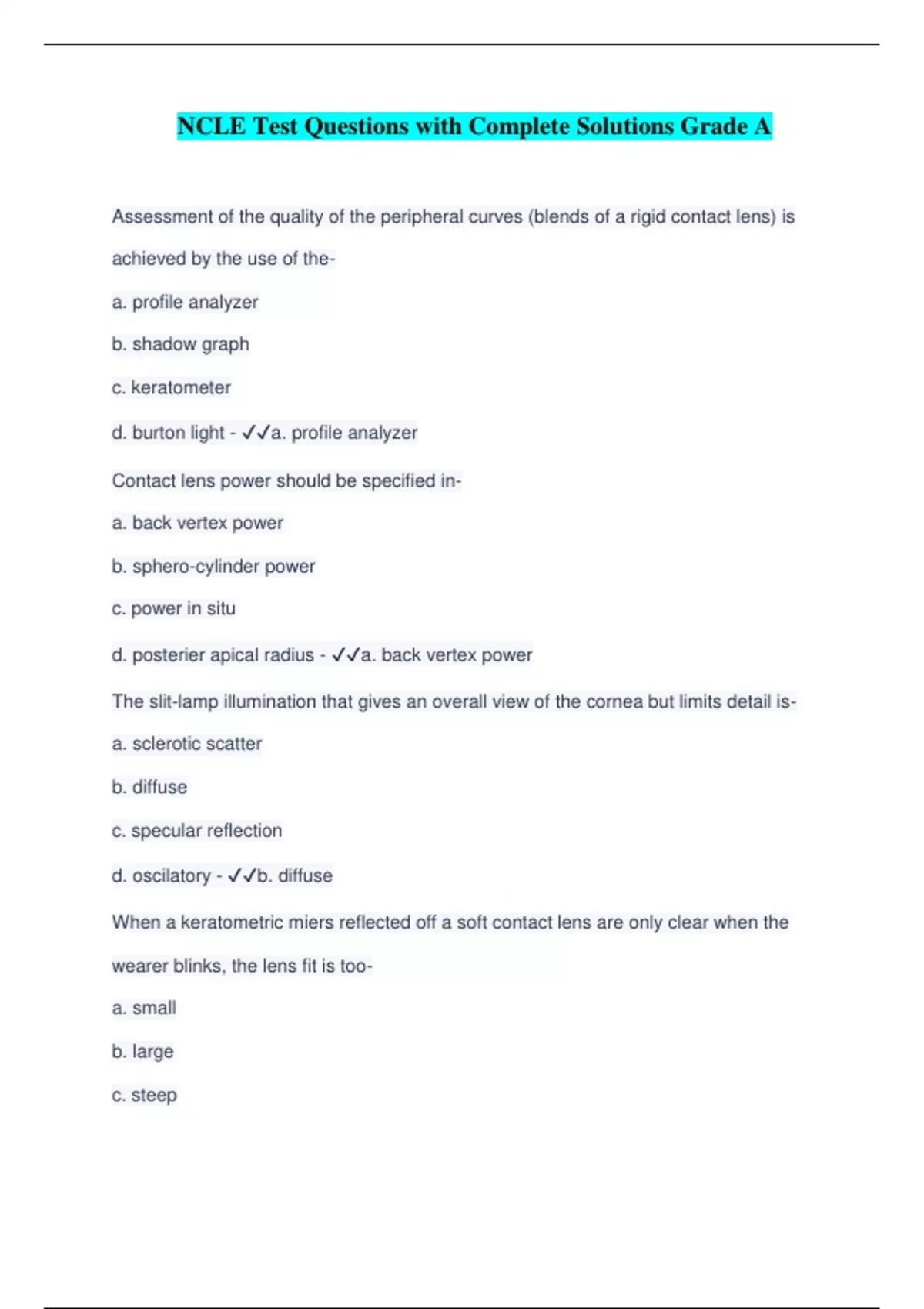 NCLE Test Questions with Complete Solutions Grade A - NCLE \\ABO ...