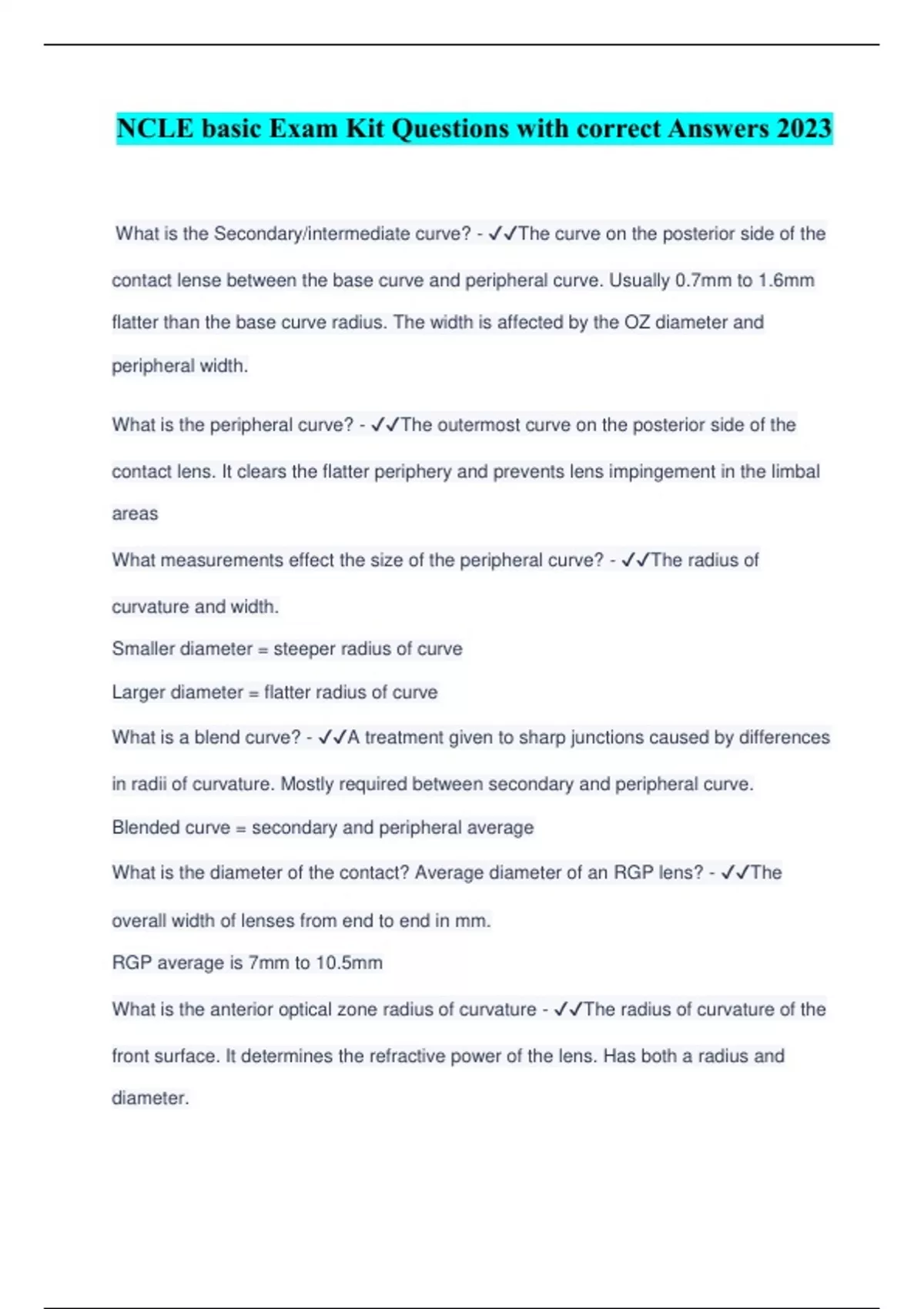 NCLE basic Exam Kit Questions with correct Answers 2023 - NCLE \\ABO ...