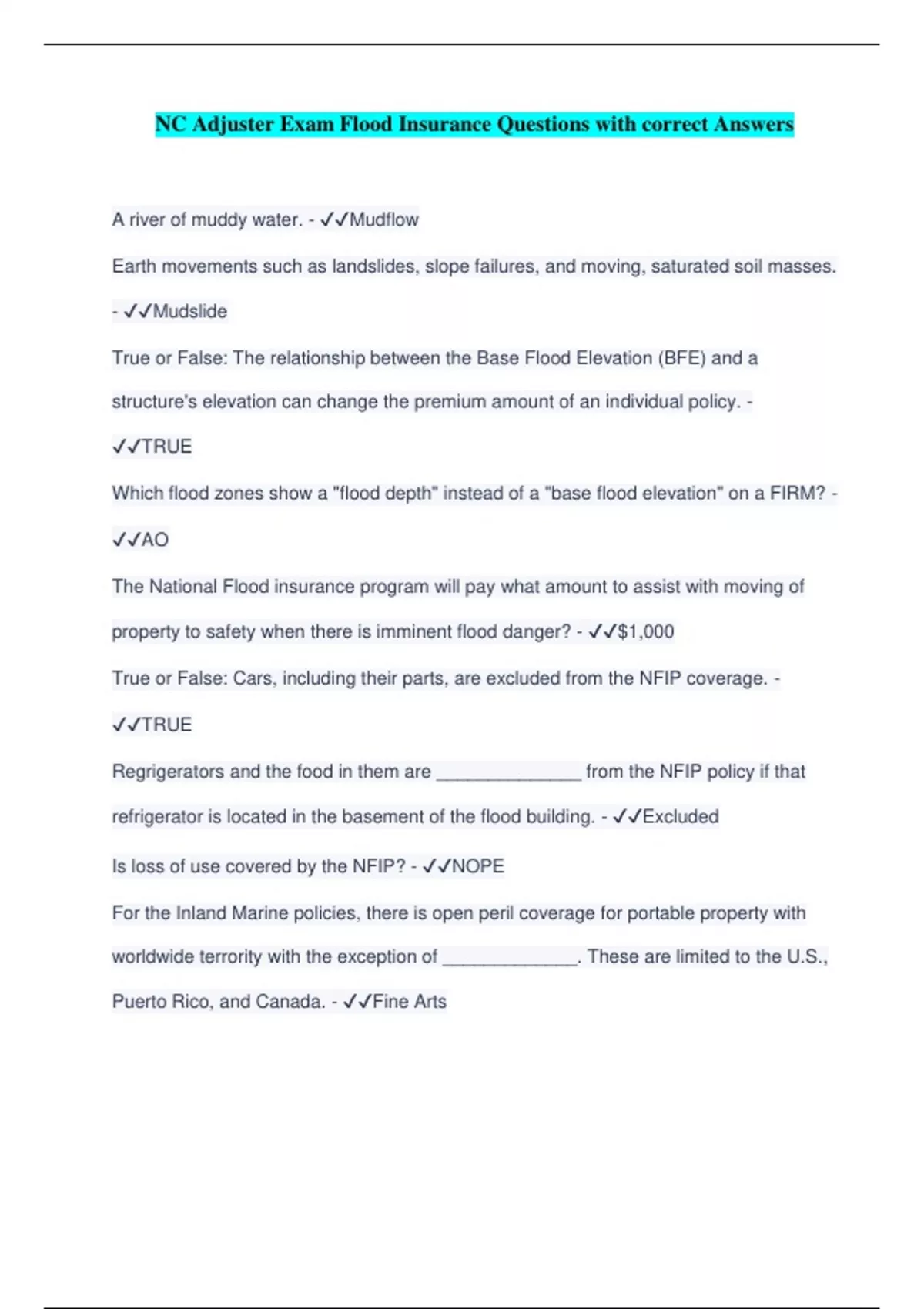 NC Adjuster Exam Flood Insurance Questions with correct Answers - Flood ...