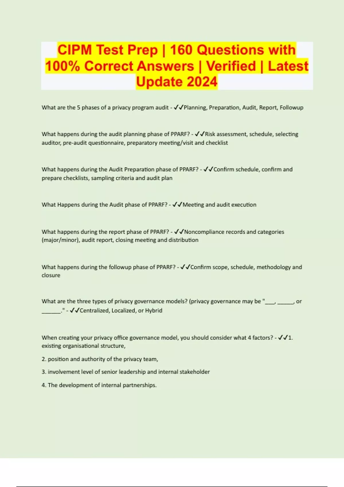 CIPM Test Prep | 160 Questions with 100% Correct Answers | Verified ...