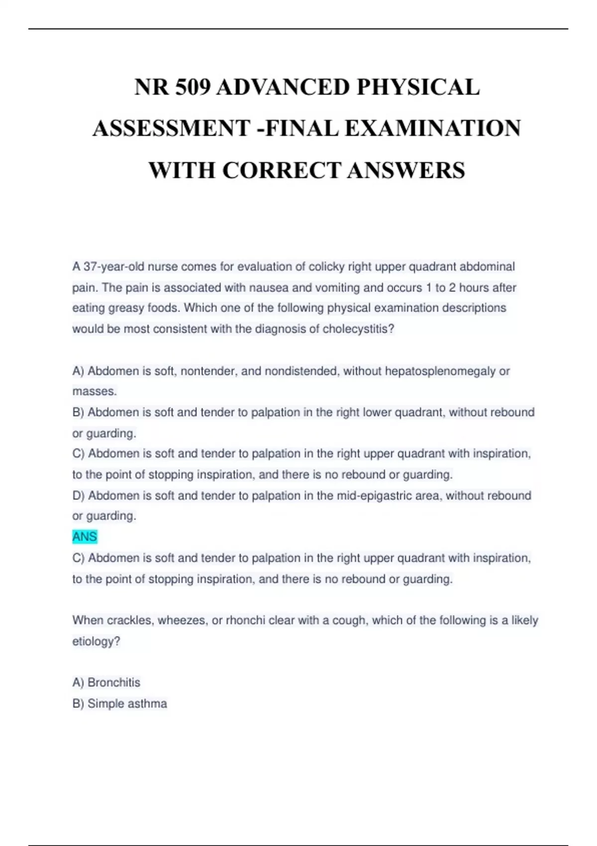 NR 509 ADVANCED PHYSICAL ASSESSMENT -FINAL EXAMINATION WITH CORRECT ...